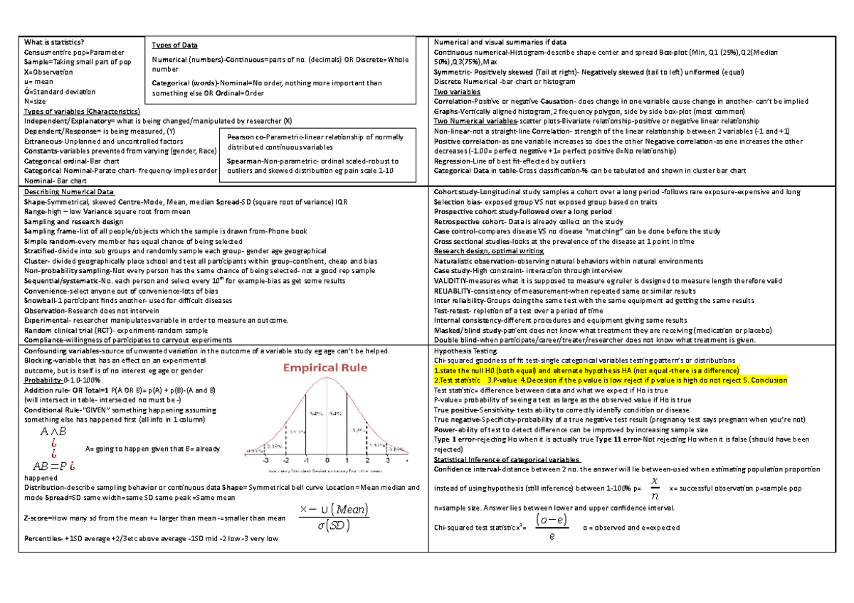 Stats cheat sheet - What is statistics? Census=entire pop=Parameter ...