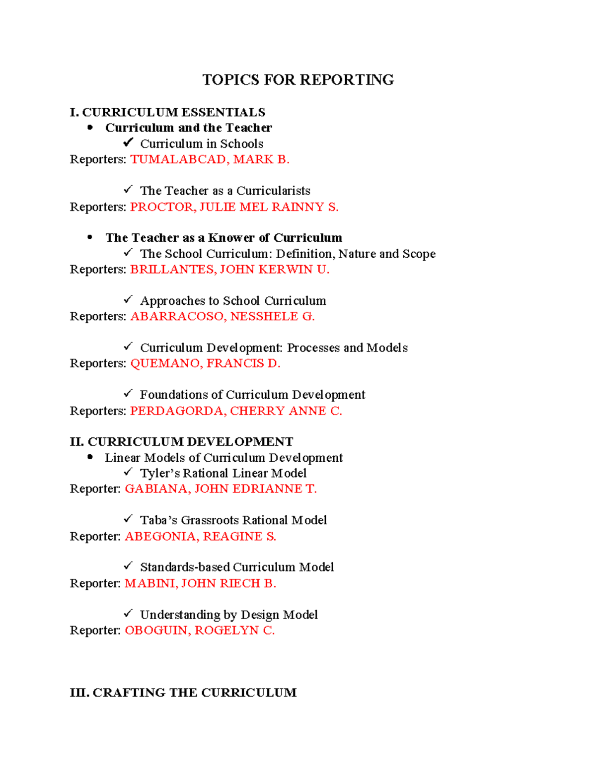 Topics FOR Reporting 2009 6 - TOPICS FOR REPORTING I. CURRICULUM ...