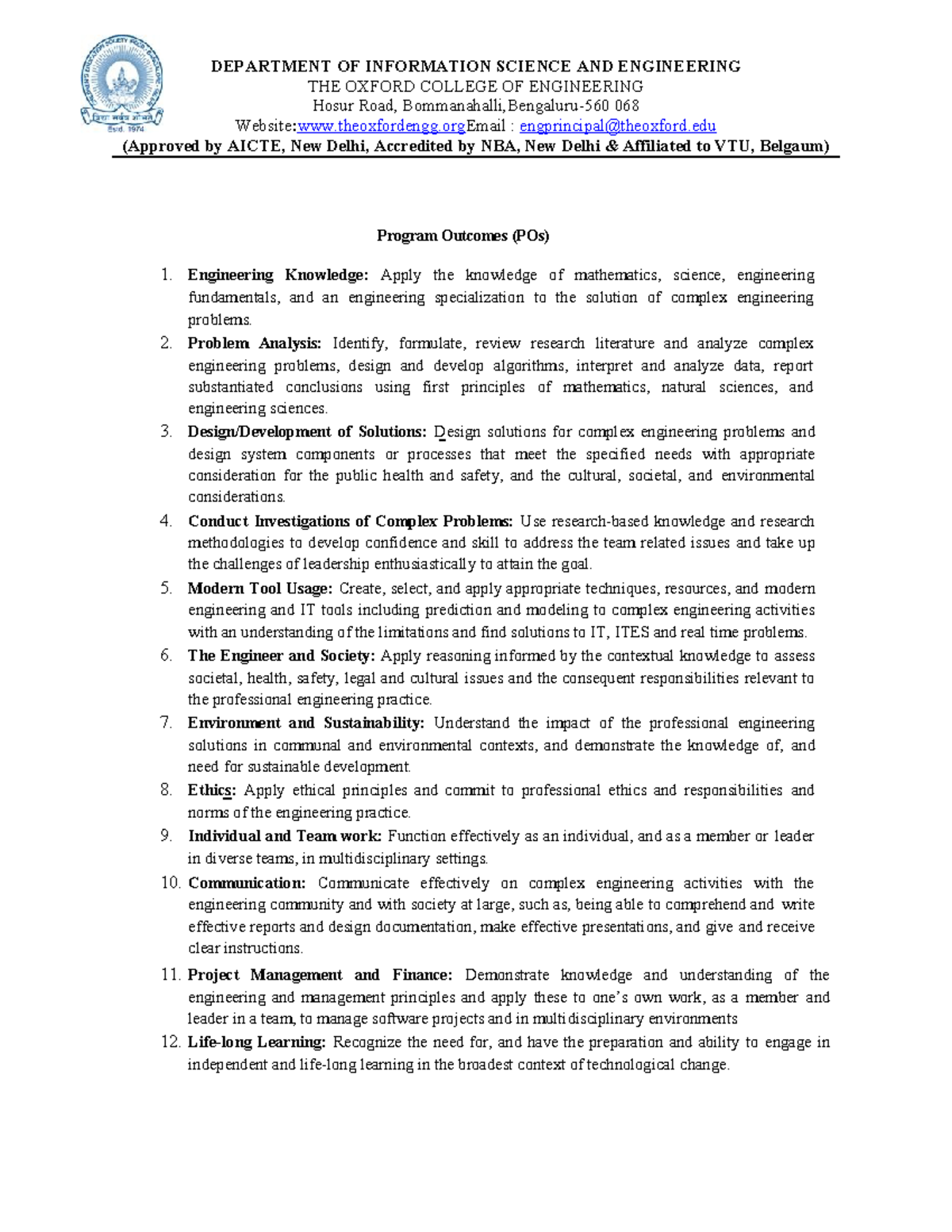 Vision mission peo po and pso - THE OXFORD COLLEGE OF ENGINEERING Hosur ...