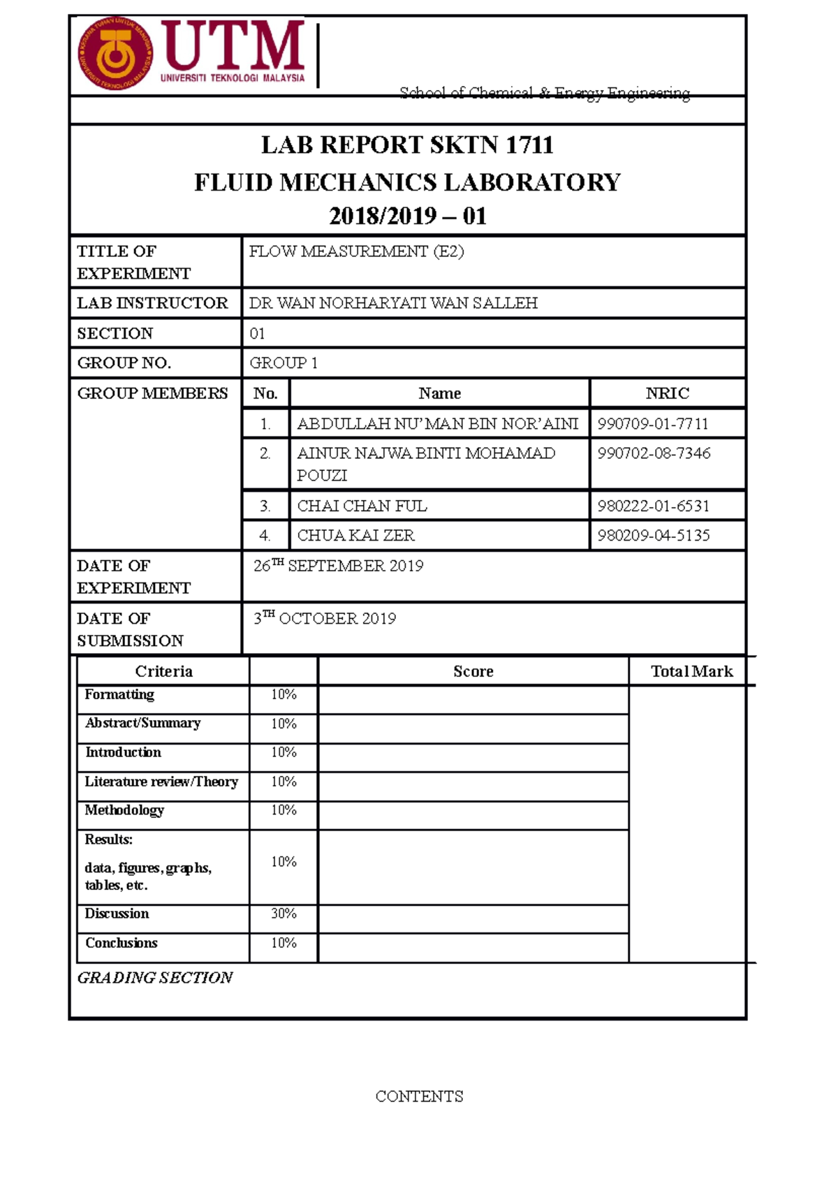Fluid full report E2 - CONTENTS LAB REPORT SKTN 1711 FLUID MECHANICS ...