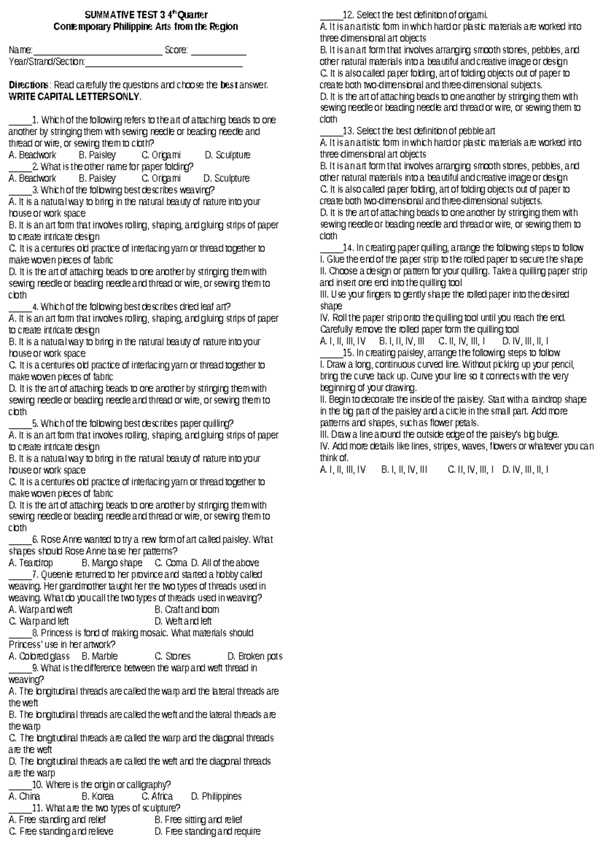 CPAR 4th Quarter Summative Test 3 SY 23 24 - SUMMATIVE TEST 3 4th ...