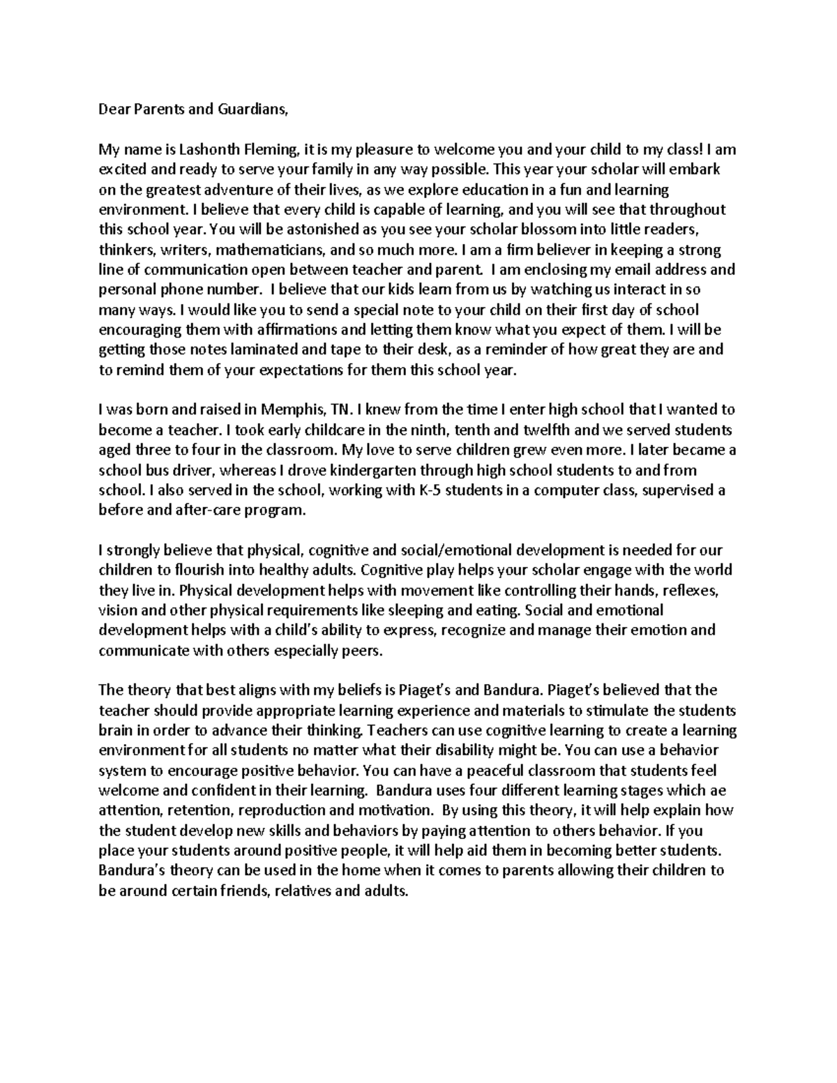 Parent letter - essay - Dear Parents and Guardians, My name is Lashonth ...