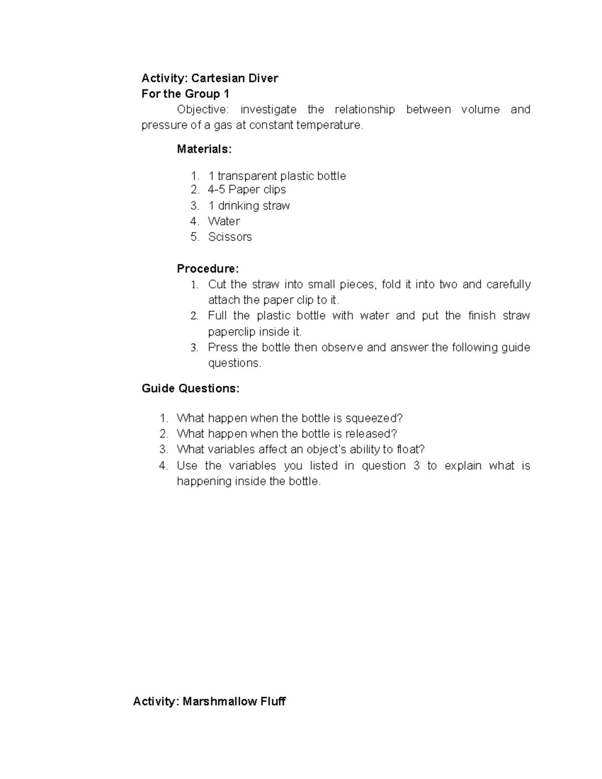 Activity boyle's law - Activity: Cartesian Diver For the Group 1 ...