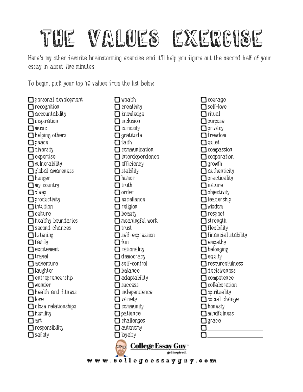 Values+Exercise+Worksheet - The Values Exercise Here’s my other favorite brainstorming exercise ...