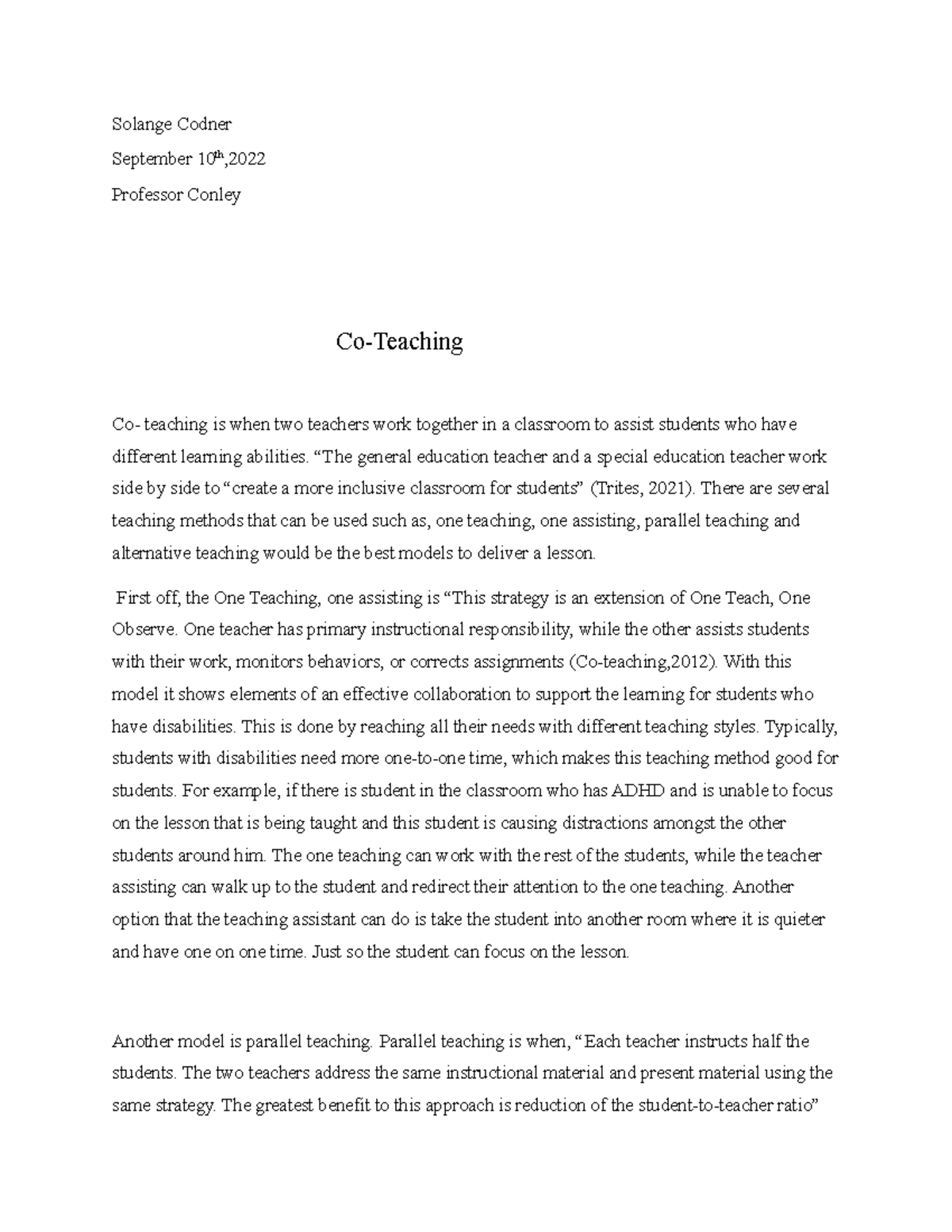 Co-Teaching method - Week 1 Co teaching - Solange Codner September 10th ...