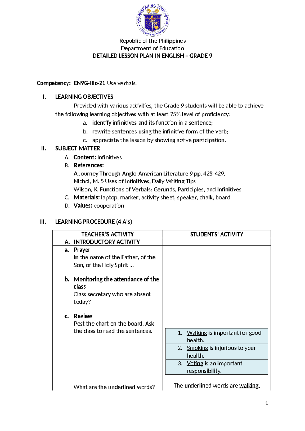 Lesson Plan in Grade 9 English - Republic of the Philippines Department ...