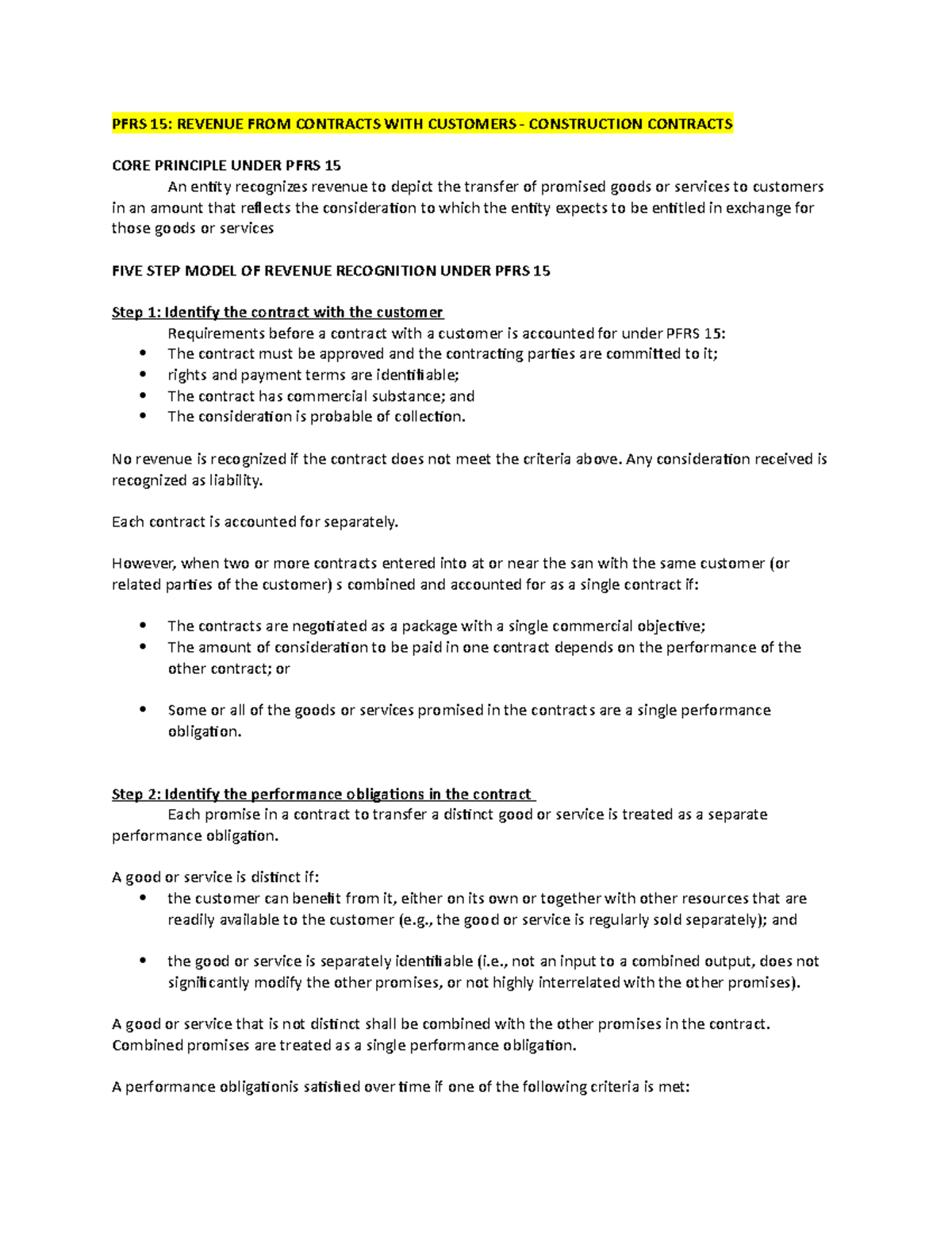 Revenue from Contracts with Customers - PFRS 15: REVENUE FROM CONTRACTS WITH CUSTOMERS - - Studocu