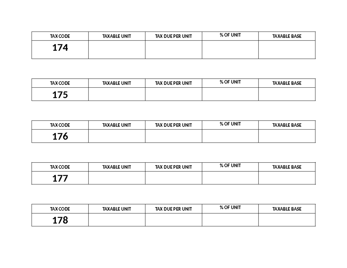 TAX COD1 sheet - TAX preferential - 174 TAX CODE TAXABLE UNIT TAX DUE ...