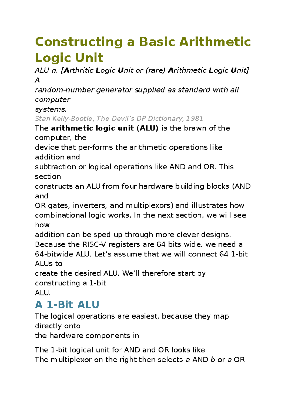 Constructing a Basic Arithmetic - [Arthritic Logic Unit or (rare) Arithmetic Logic Unit] A - Studocu