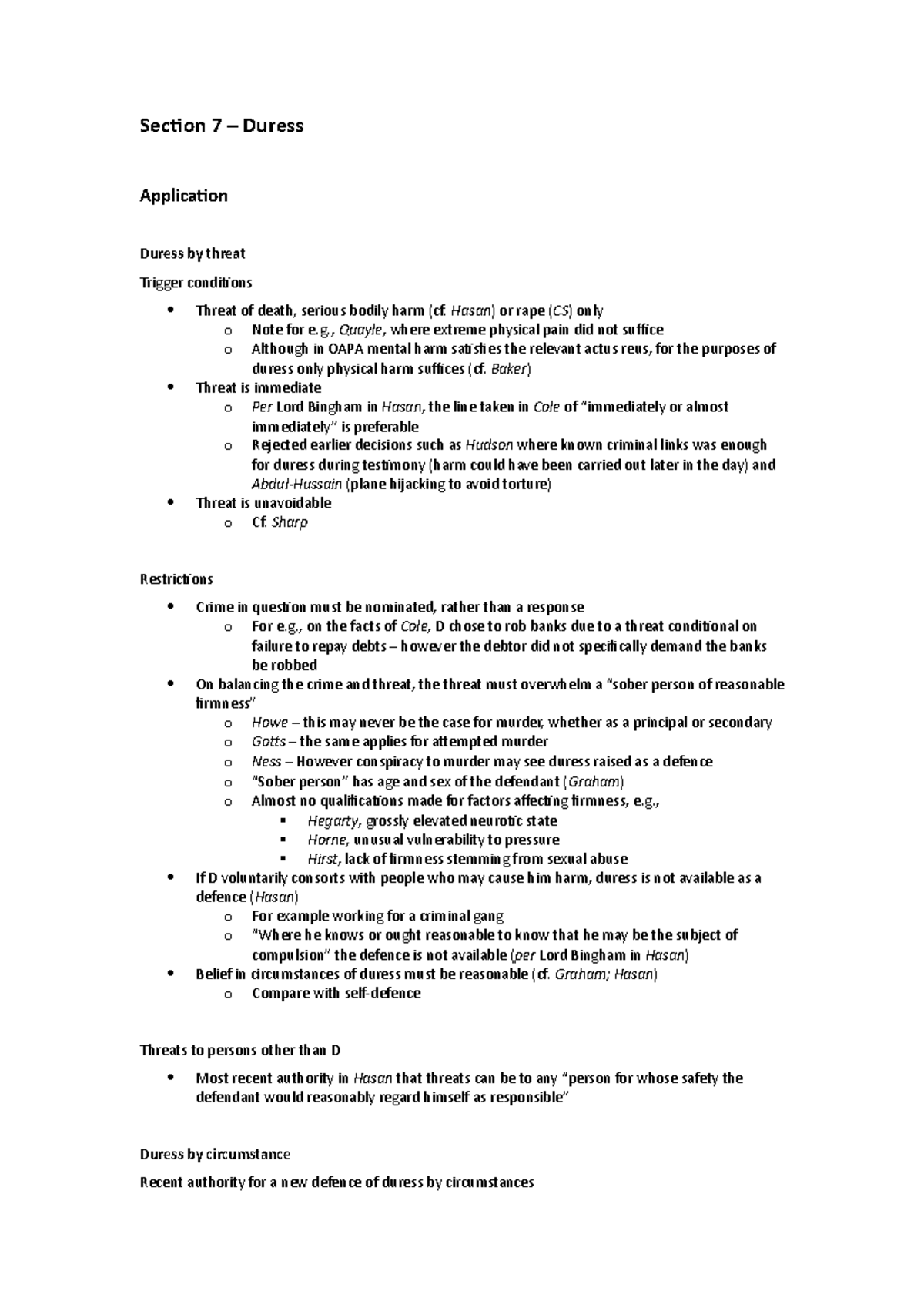 (Crim.N) Tutorial 8 Notes (Defences 7 Duress) - Section 7 Duress ...