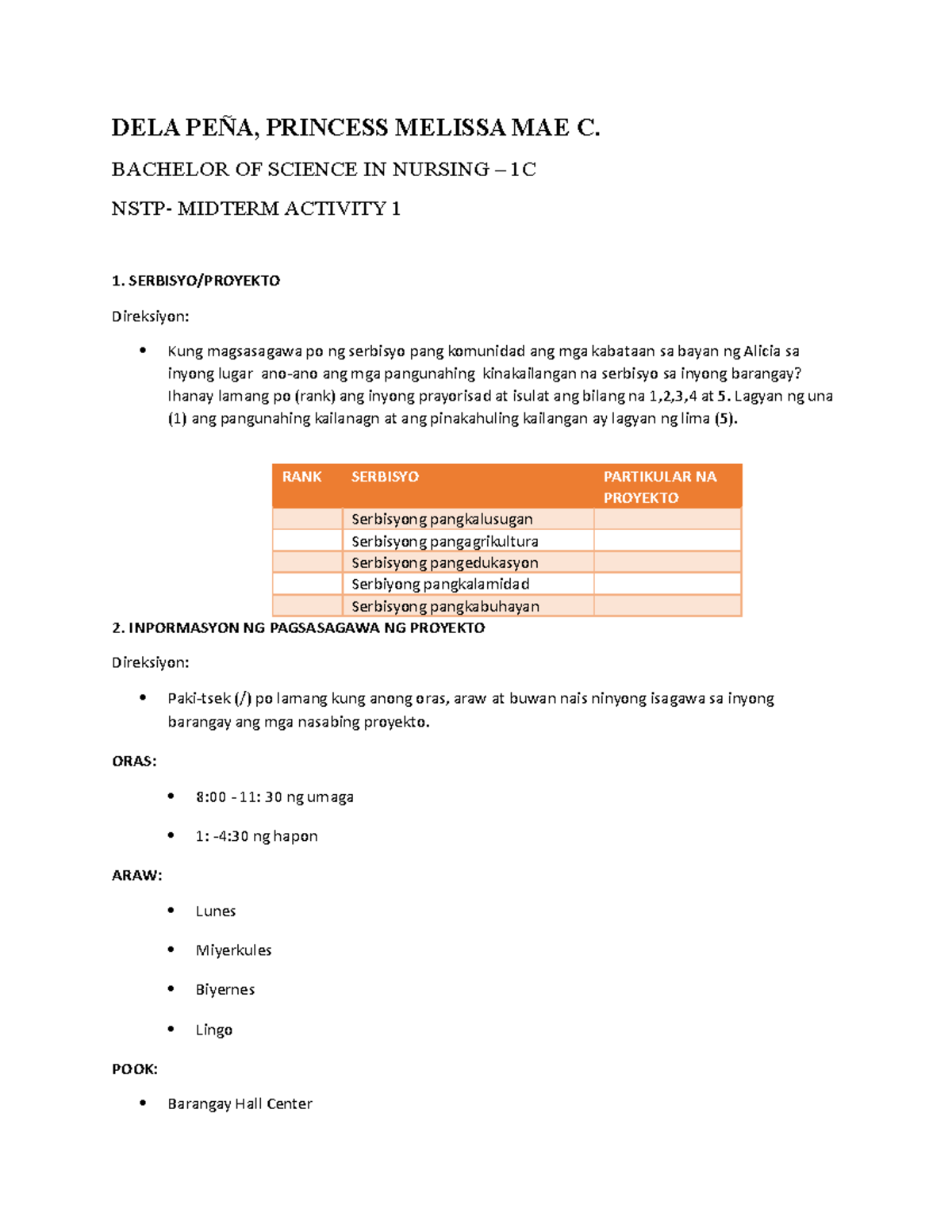 NSTP- Mid Act 1 (Dela Peña, Princess Melissa Mae BSN1C) - DELA PEÑA ...