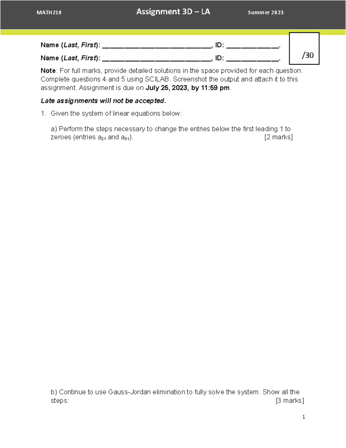 Math 210 - Assignment 3D- Linear Algebra - Name (Last, First