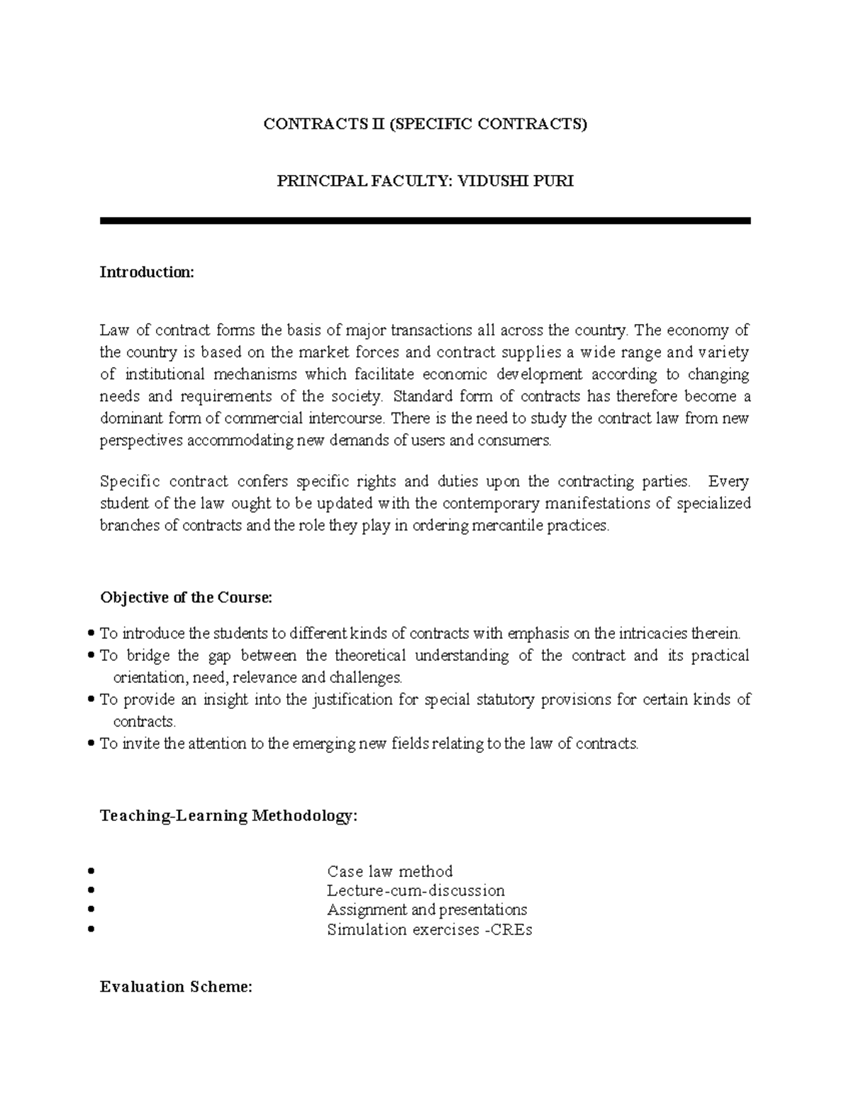 Contracts II Course Curriculum - CONTRACTS II (SPECIFIC CONTRACTS ...