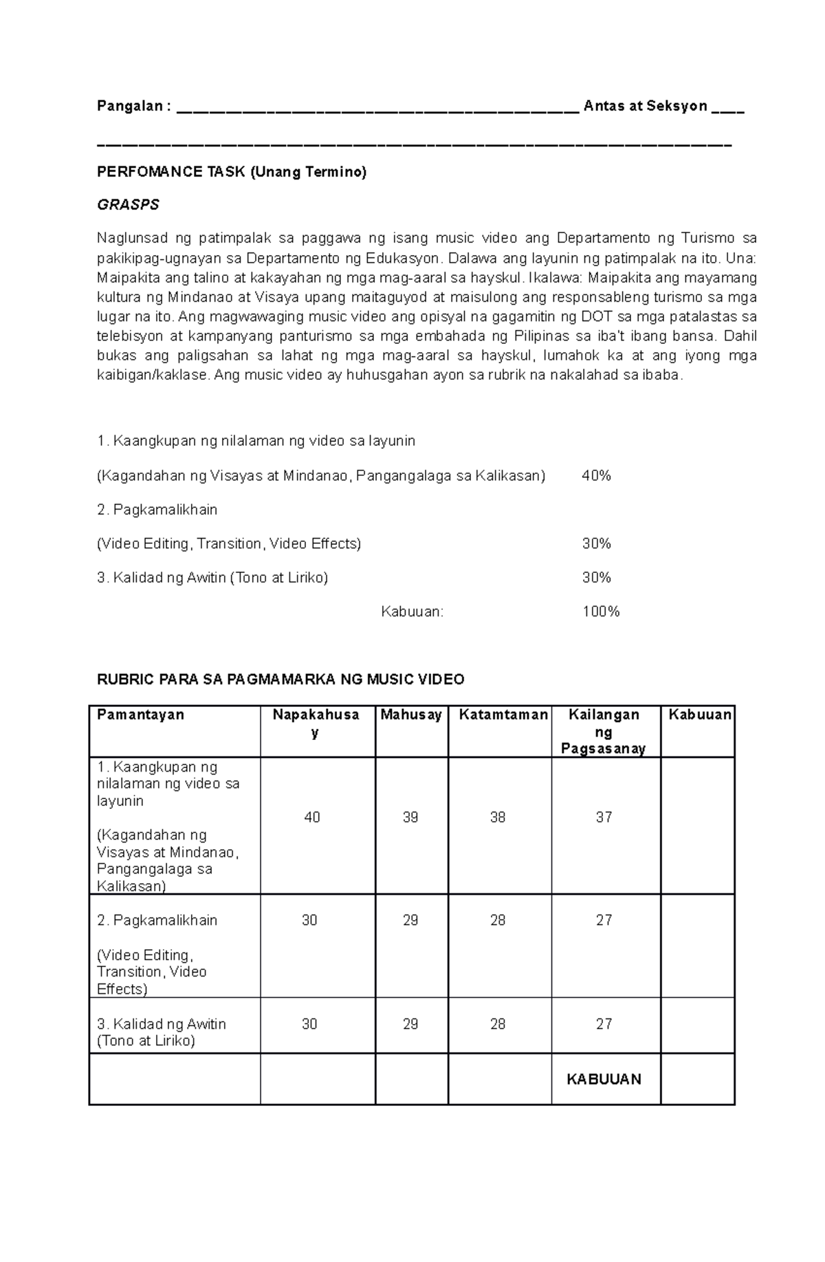 Rubric sa music video - Pangalan : _________________________________________________ Antas at ...