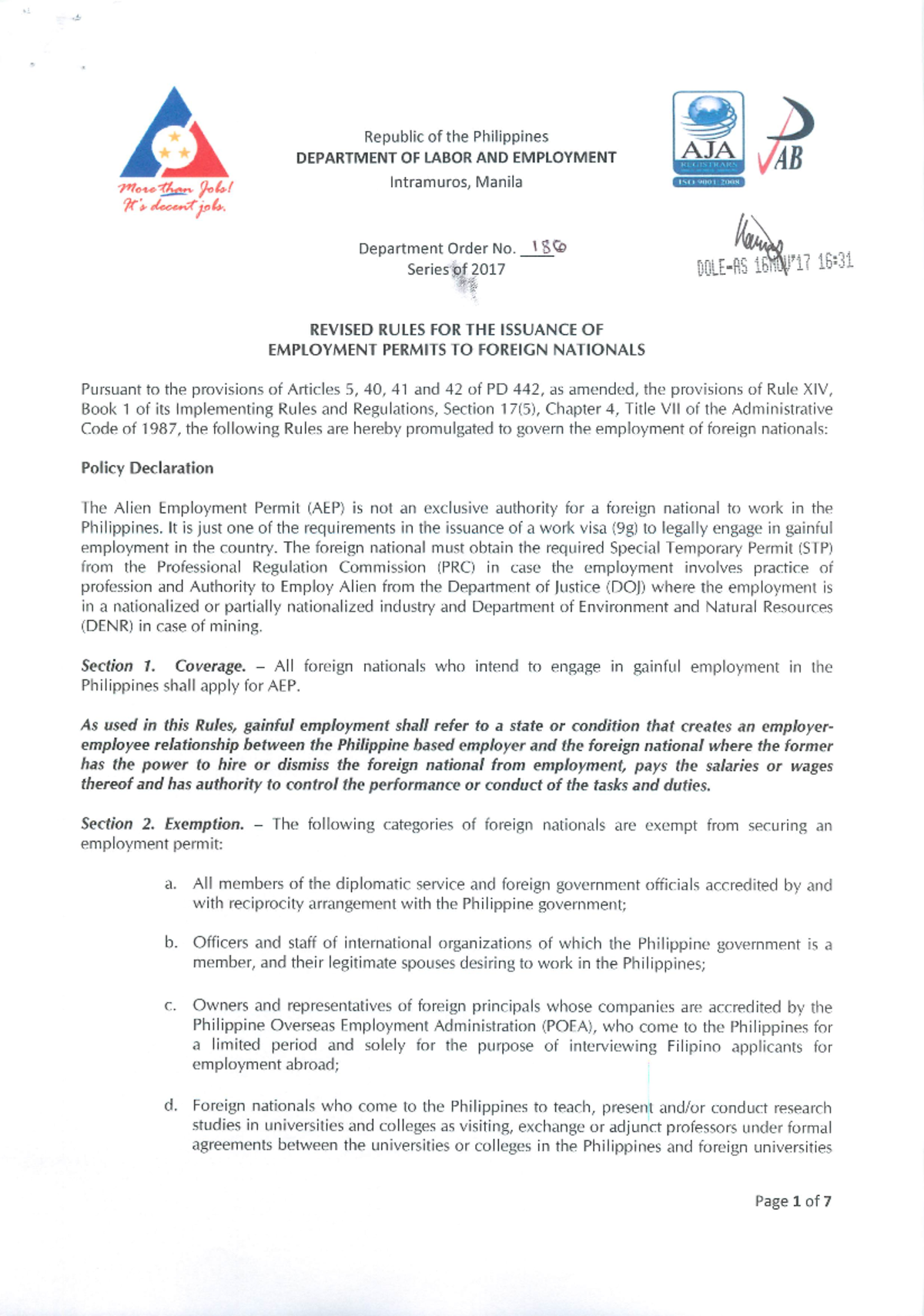 II.B. - DO No. 186-17 - DOLE ISSUANCES - Juris Doctor - Studocu