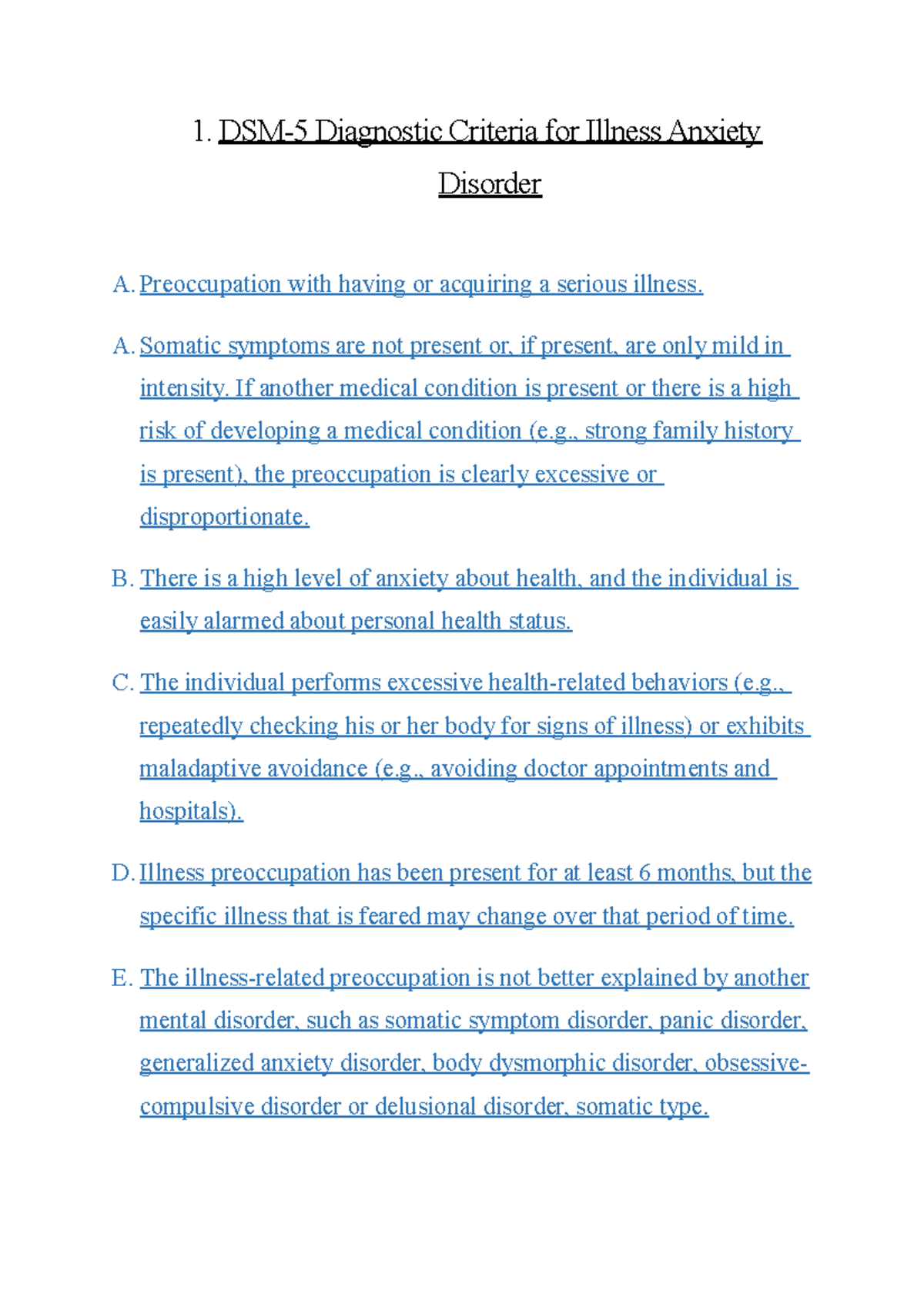 Chapter 5 - DSM-5 Diagnostic Criteria for Illness Anxiety Disorder - 1 ...
