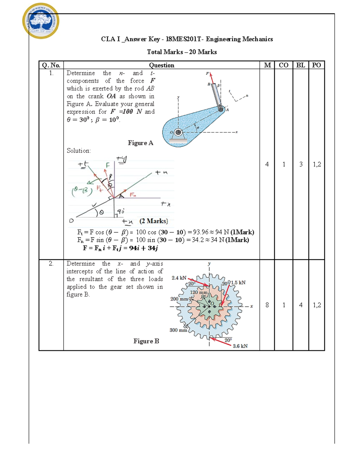 CLA1 Answer Key E - CLA I _Answer Key - 18MES201T - Engineering ...