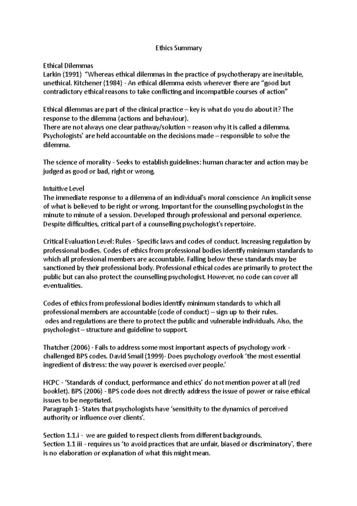 Ethics Summary - Ethics Summary Ethical Dilemmas Larkin (1991) “Whereas ...