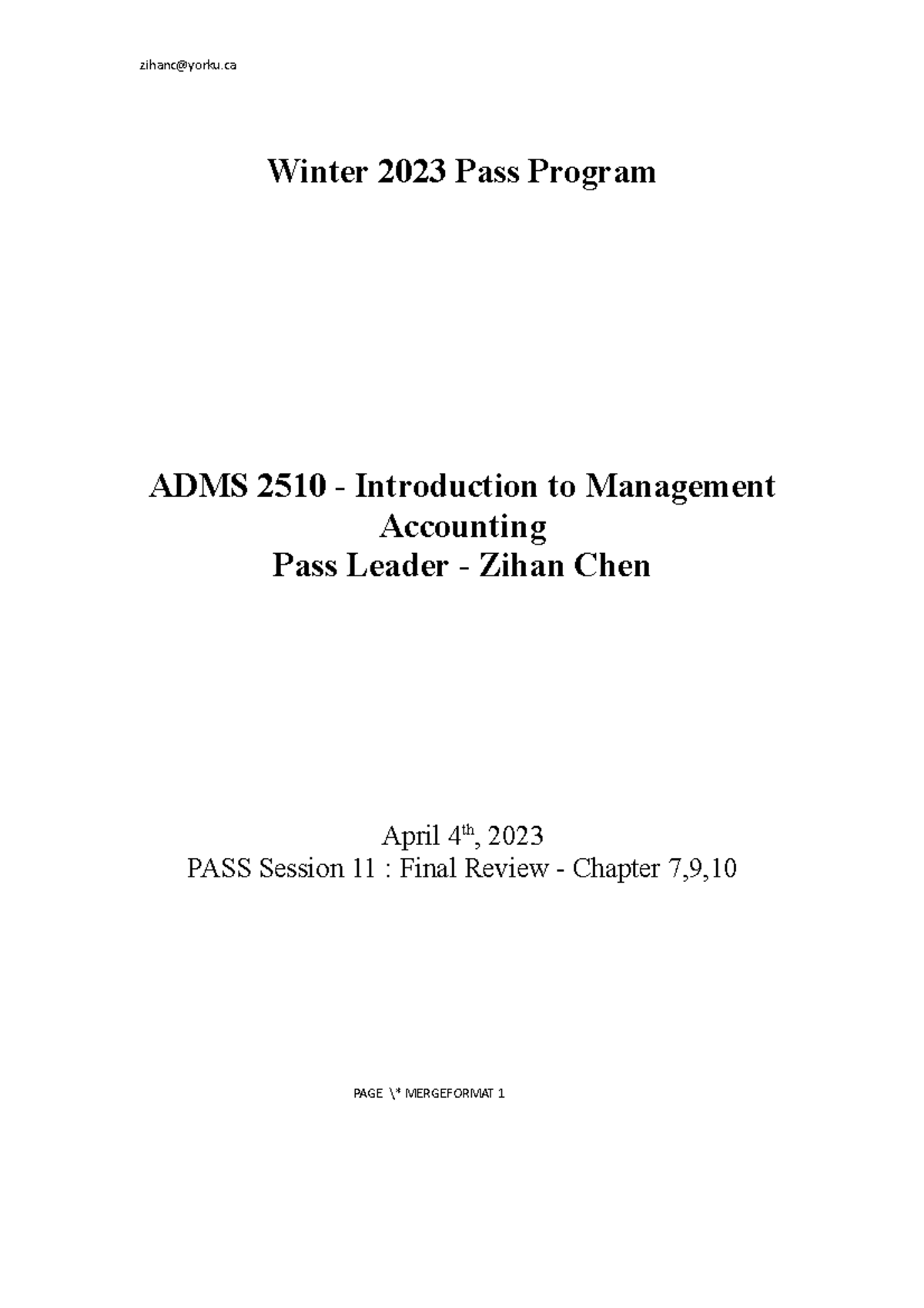 Session 11 Worksheet-Final Review Ch7,9,10 - adms 2510 - Yorku - Studocu