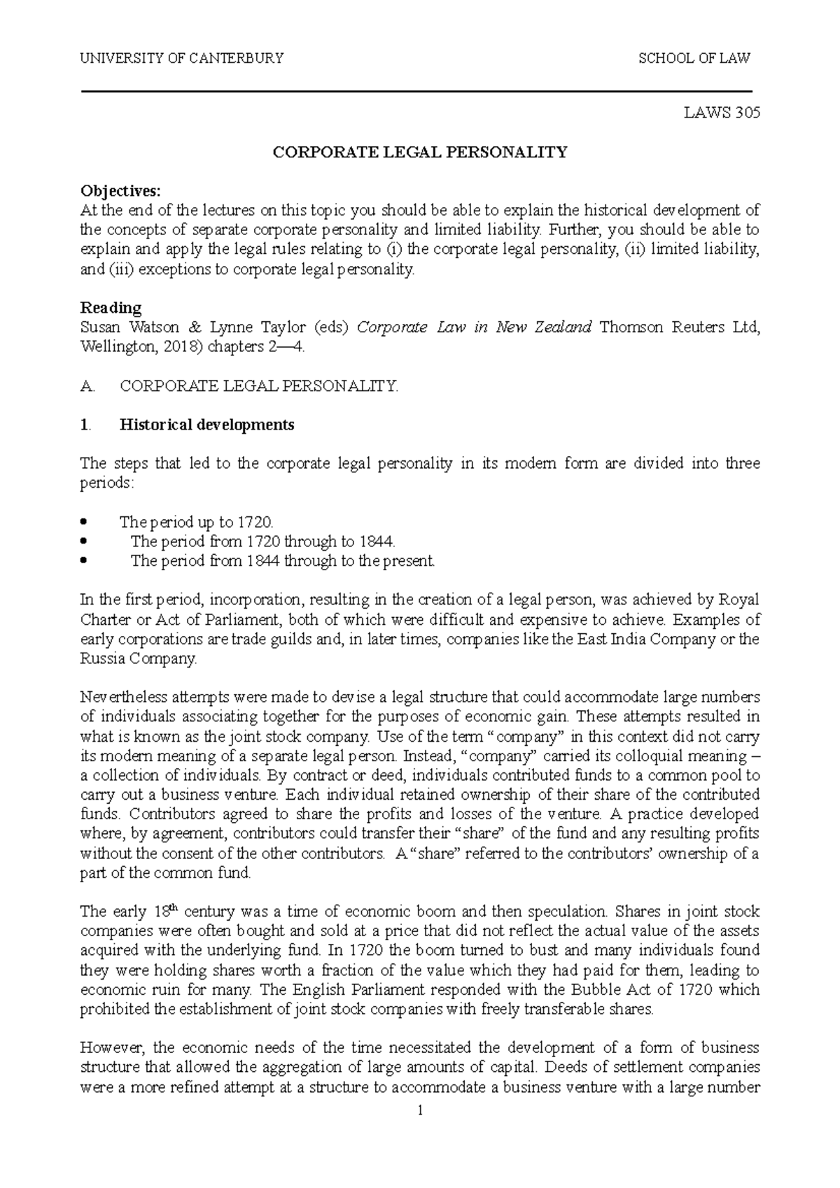 Corporate Legal Personality handout - LAWS 305 CORPORATE LEGAL ...