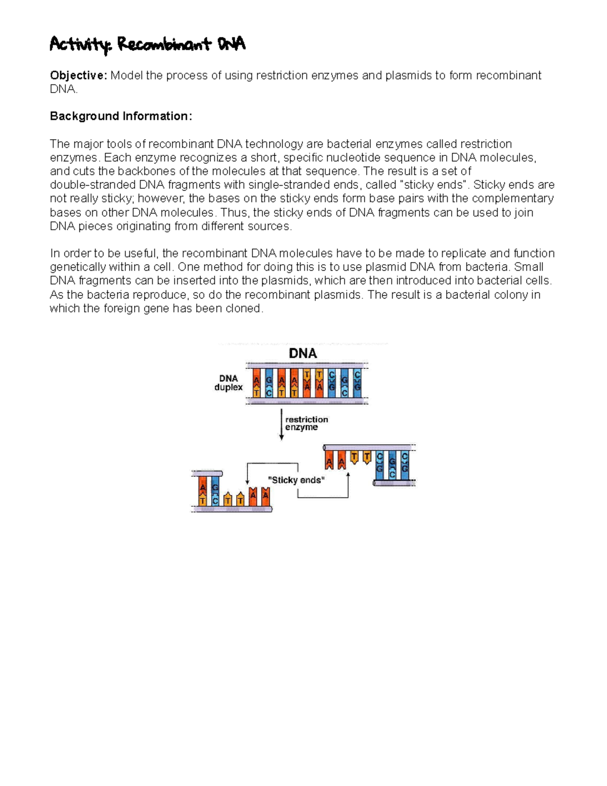 08 Activity Recombinant DNA - Activity: Recombinant DNA Objective: Model the process of using ...