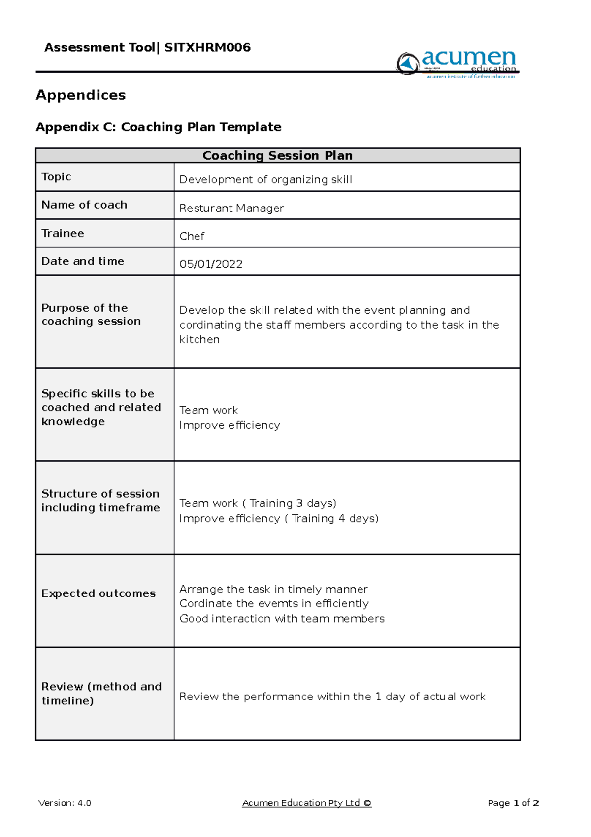 Assessment 3 - Task 3 - Coaching Plan - Appendices Appendix C: Coaching ...