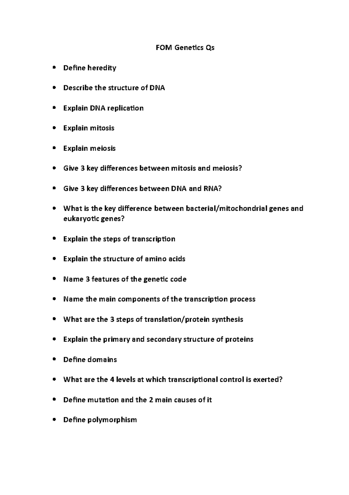 FOM Genetics Qs - good notes - FOM Genetics Qs Define heredity Describe ...