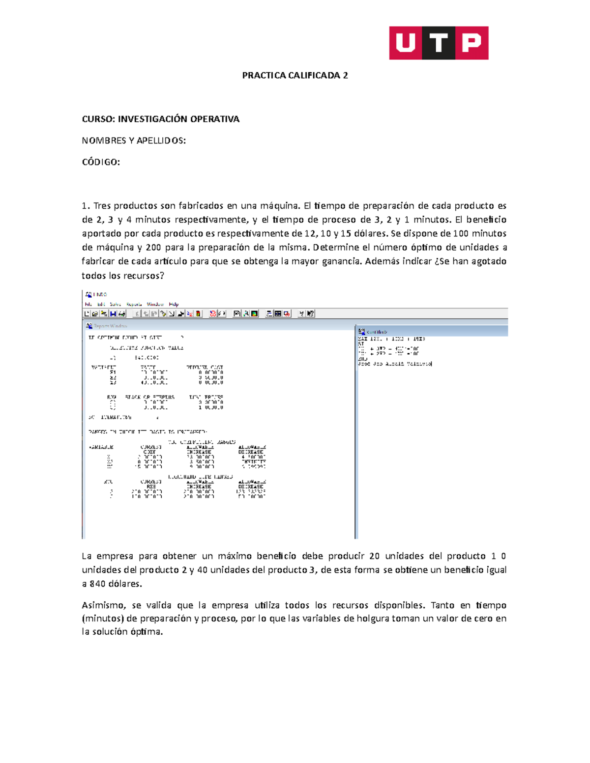 Practica Calificada 2 - Investigación Operativa - UTP - Studocu