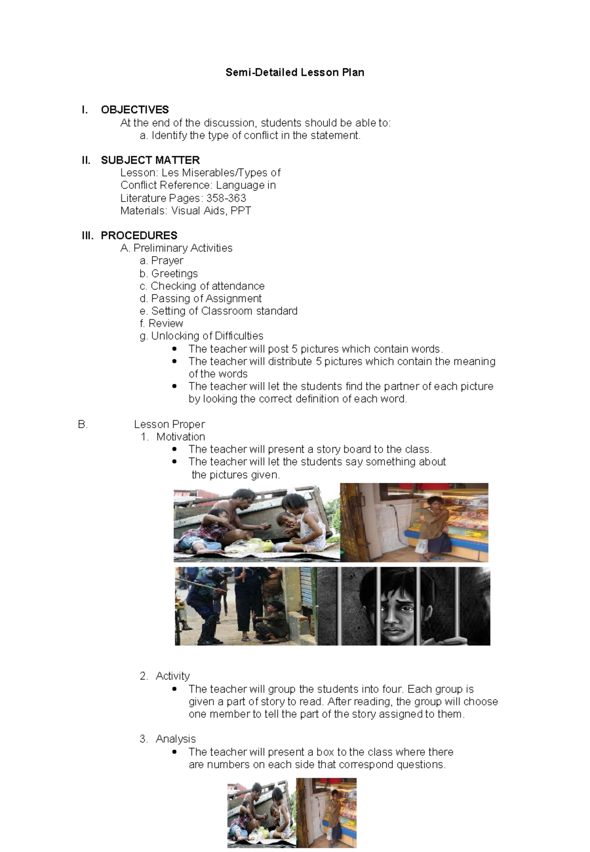 Lesson plan types of conflict - Semi-Detailed Lesson Plan I. OBJECTIVES ...