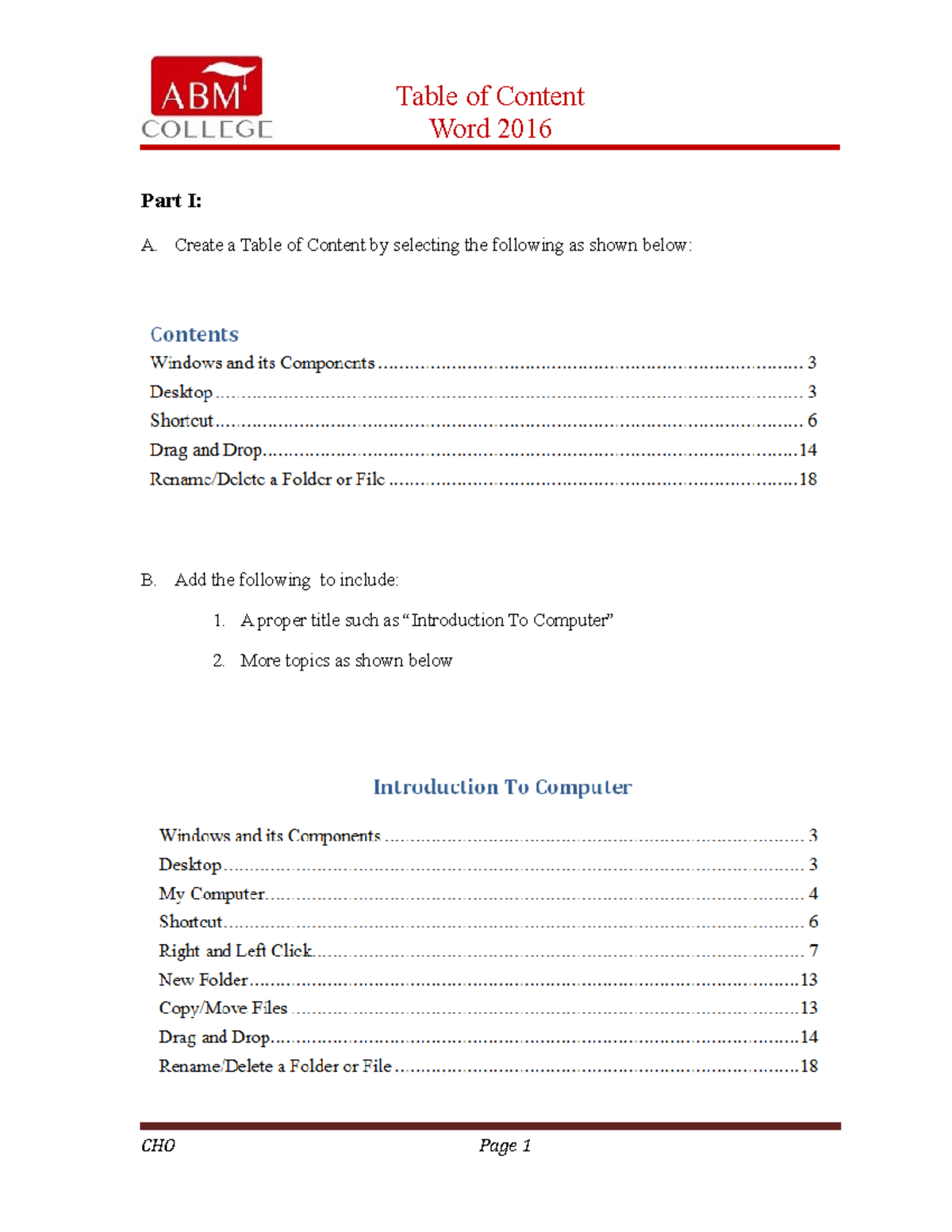5A Table of Content Instruction Exercise - Word 2016 Part I: A. Create ...