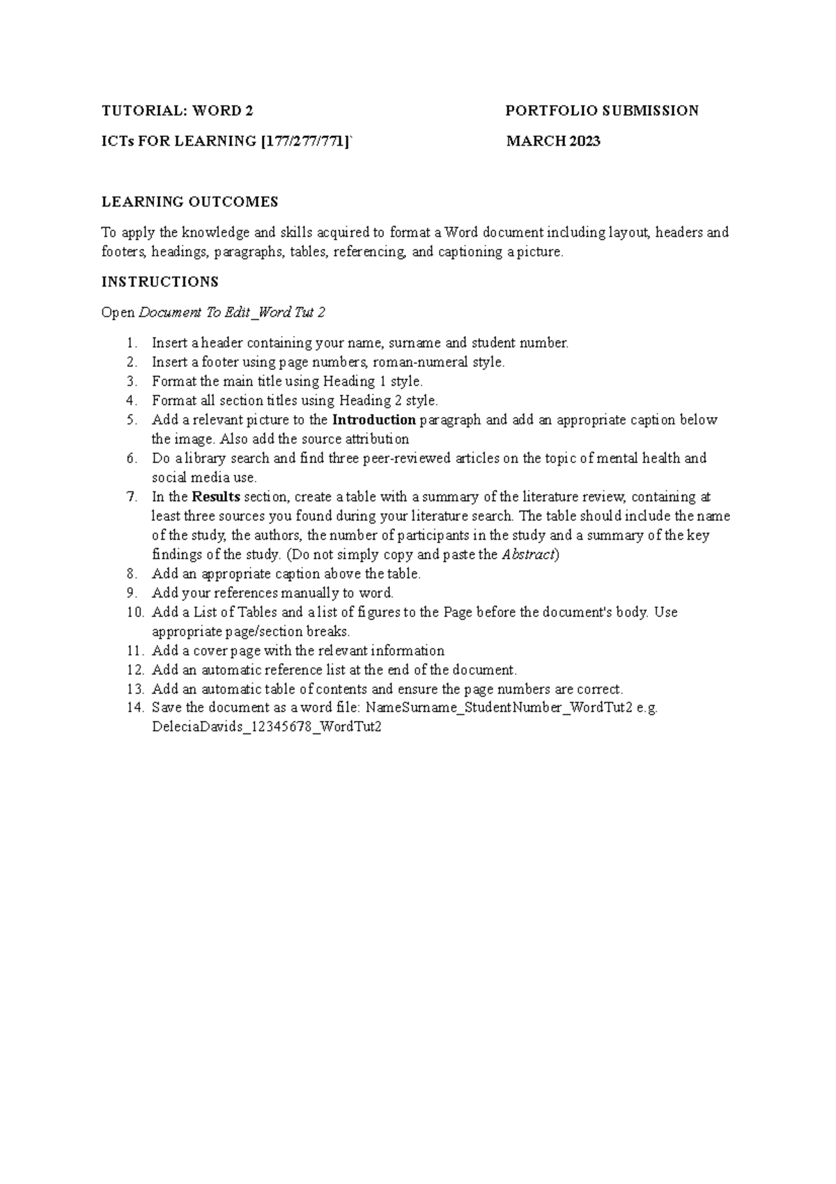 Instructions Instruksies Word Tut 2 - TUTORIAL: WORD 2 PORTFOLIO ...