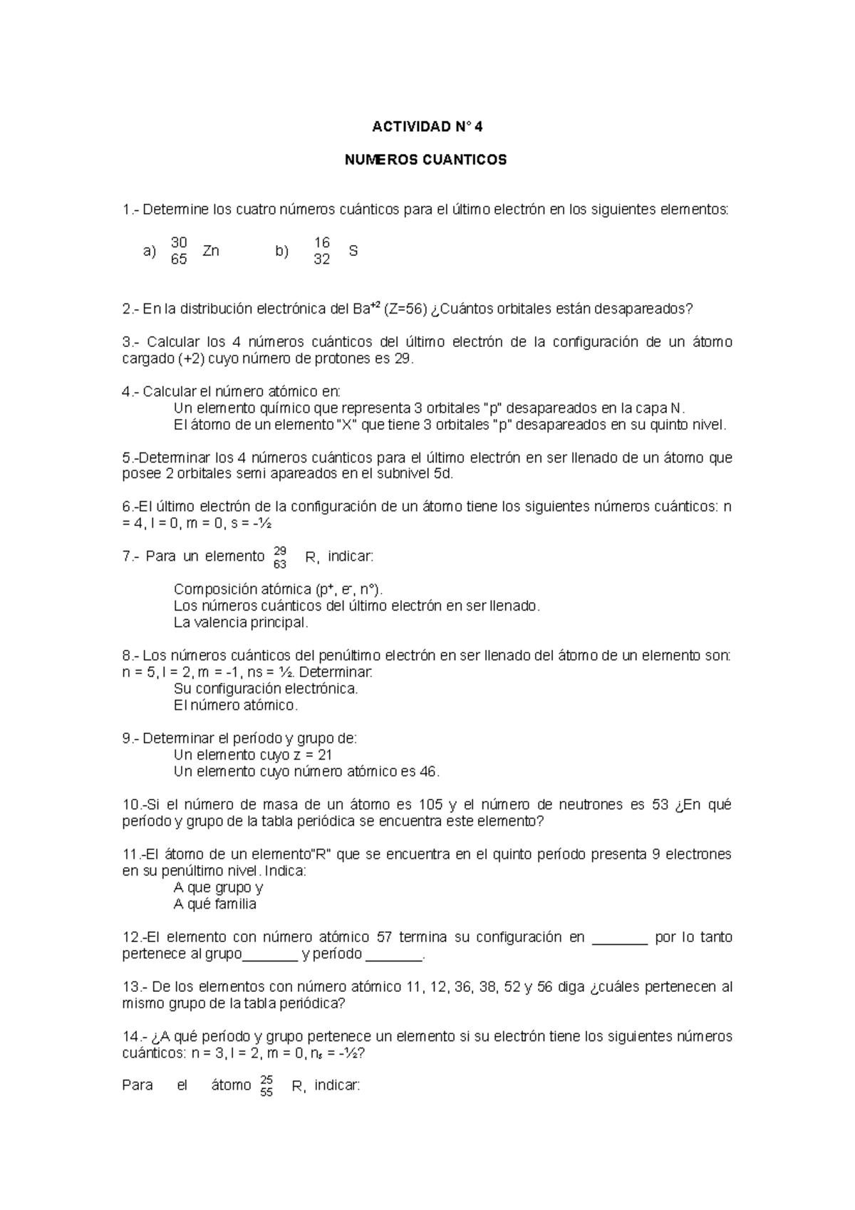 Práctica calificada N° 4 - ACTIVIDAD N° 4 NUMEROS CUANTICOS 1 ...