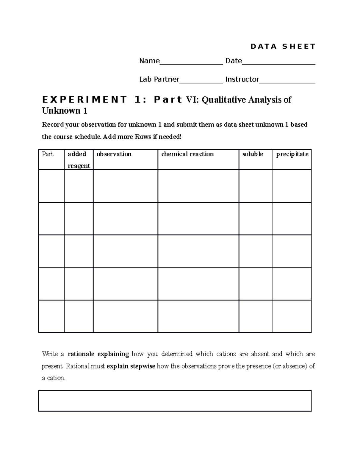 CHM1046L Exp 1 Part VI unknown 1 Data Sheet - D A T A S H E E T Name