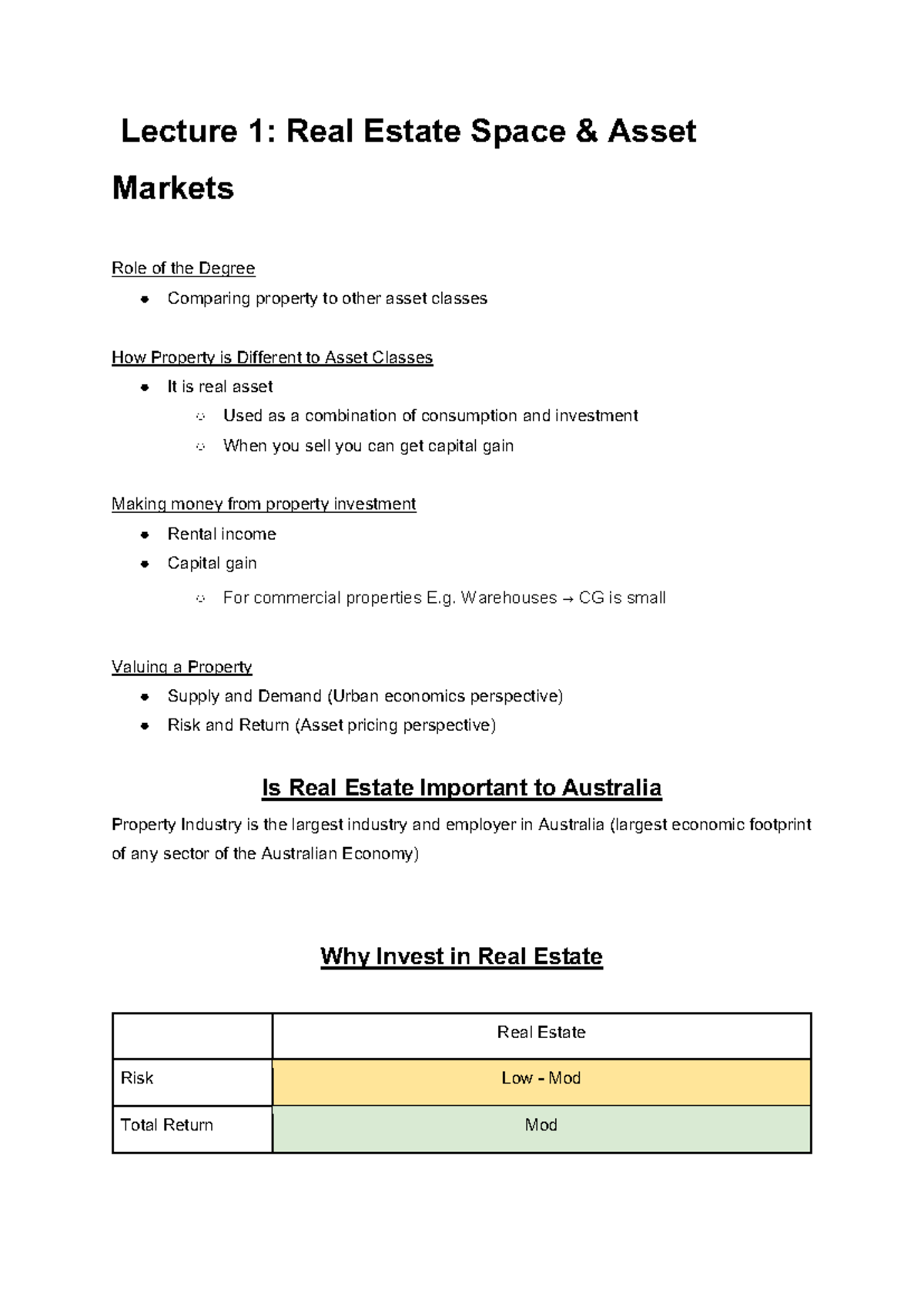 BFX3355 Notes - Lecture 1: Real Estate Space & Asset Markets Role of ...