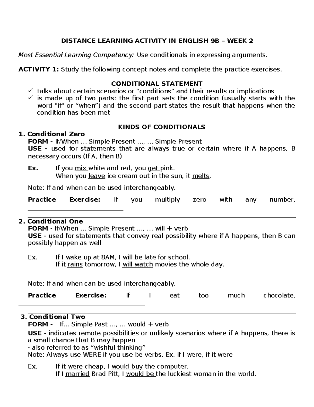 Conditionals - Handouts for Grade 8 - DISTANCE LEARNING ACTIVITY IN ...