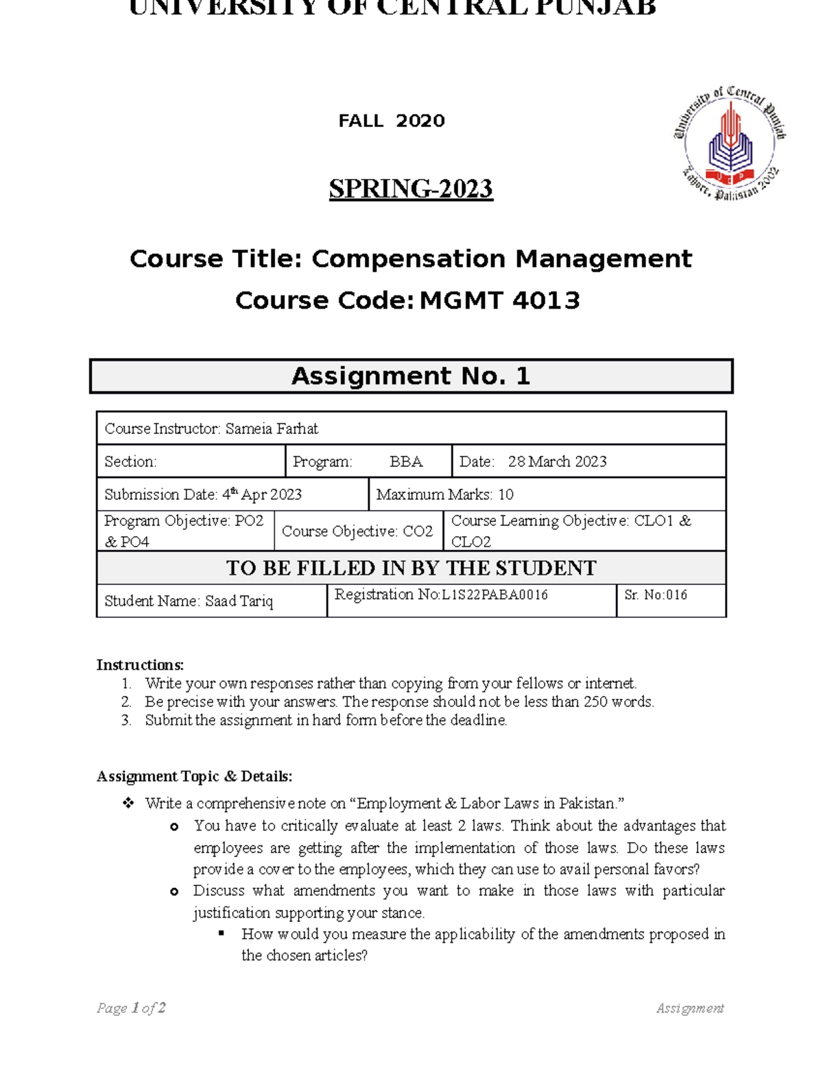 CM Assignment 1 - Good - UNIVERSITY OF CENTRAL PUNJAB FALL 2020 SPRING- Course Title ...
