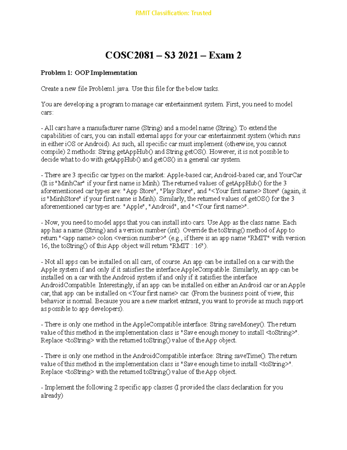 Sem 1 test 2 java - Sem 1 test 2 java - COSC2081 – S3 2021 – Exam 2 ...