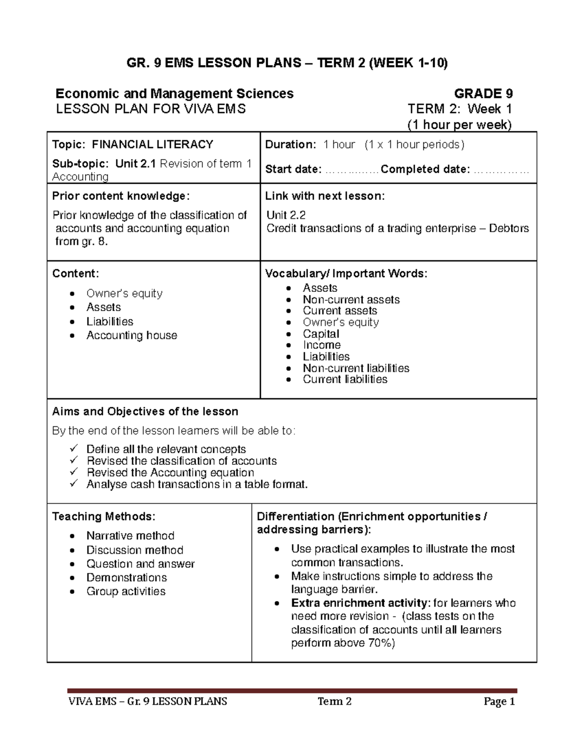 Gr 9 ems lesson plans term 2 week 1 10 - GR. 9 EMS LESSON PLANS – TERM ...