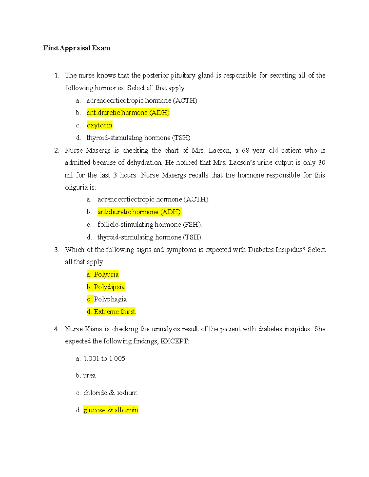 Endocrine - Febraury 21 First Appraisal Exam - First Appraisal Exam The ...