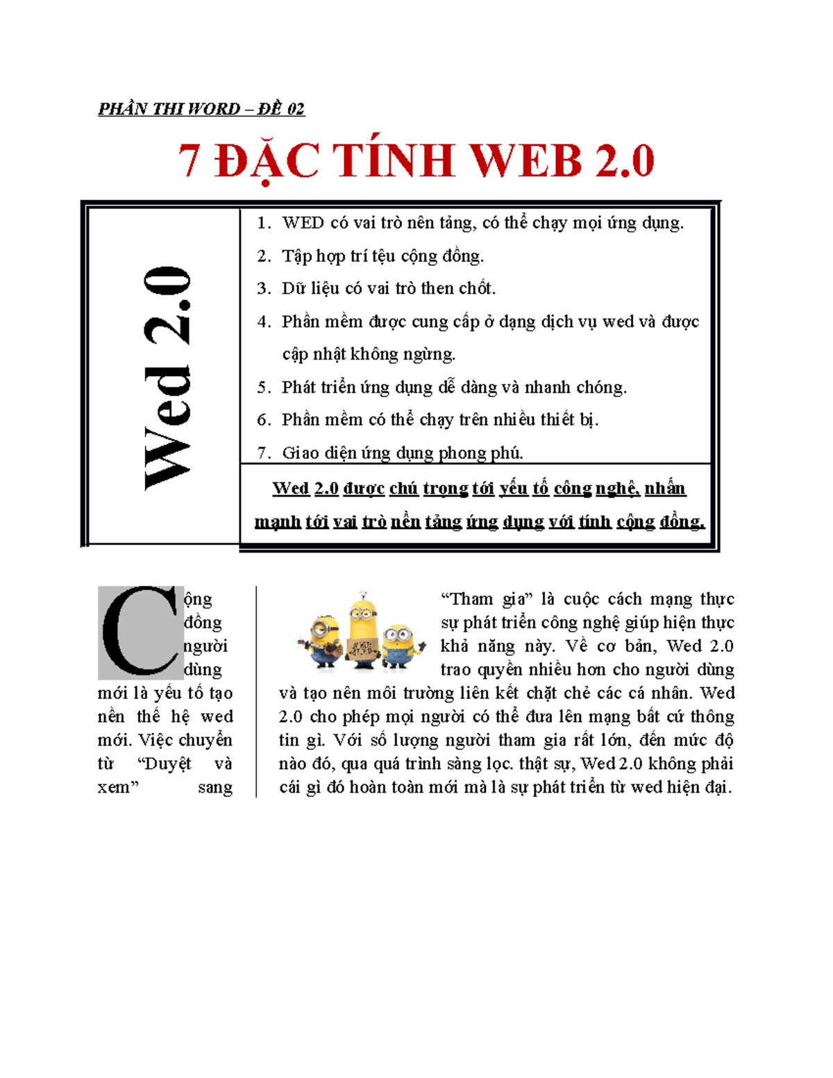 BÀI LÀM PHẦN THI WORD - ĐỀ 02 - PHẦN THI WORD – ĐỀ 02 7 ĐẶC TÍNH WEB 2 ...