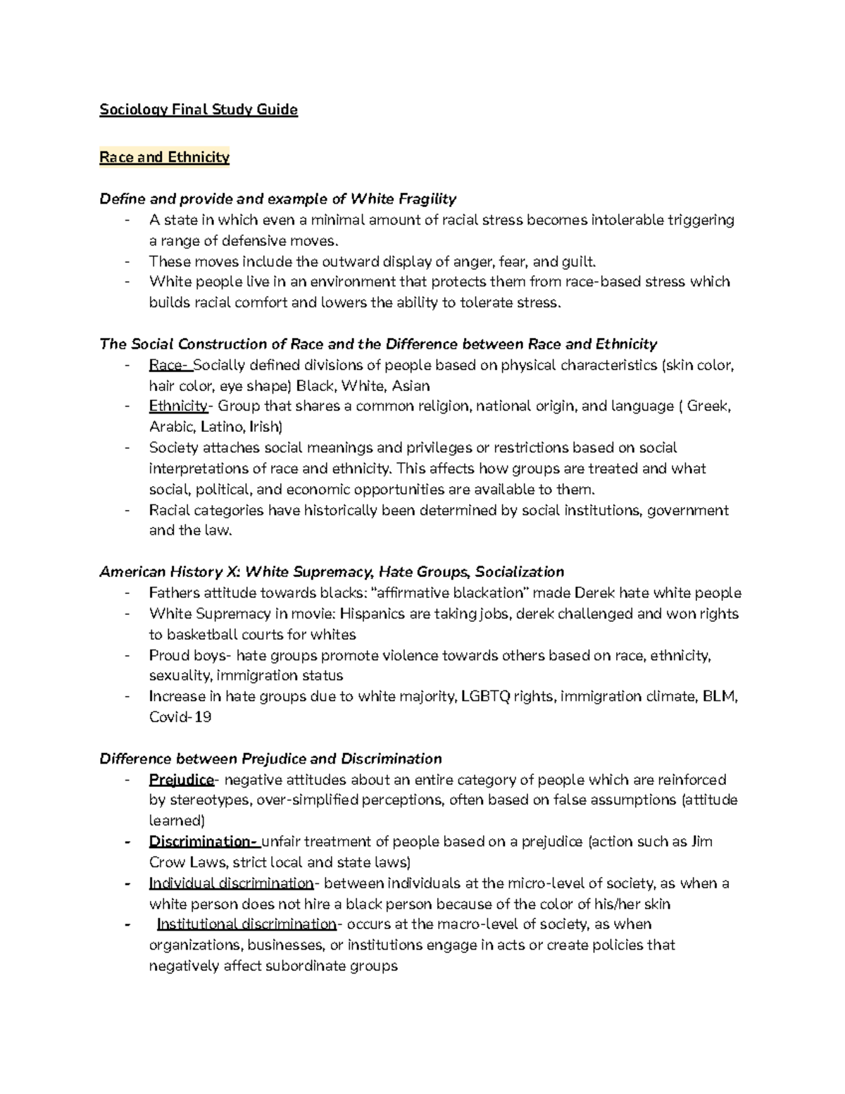 Sociology Final Study Guide-2 - Sociology Final Study Guide Race and ...