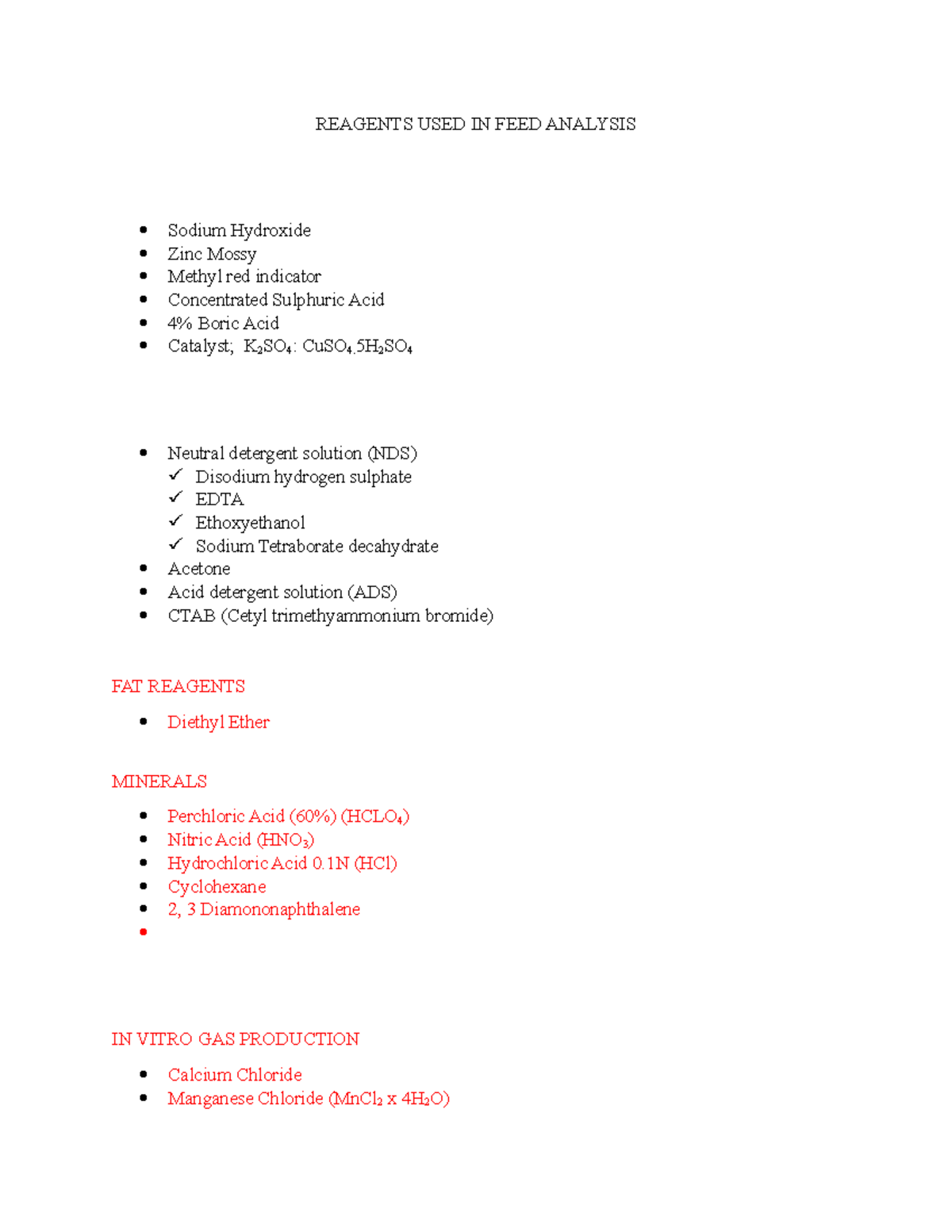 Reagents USED IN FEED Analysis - REAGENTS USED IN FEED ANALYSIS Sodium ...