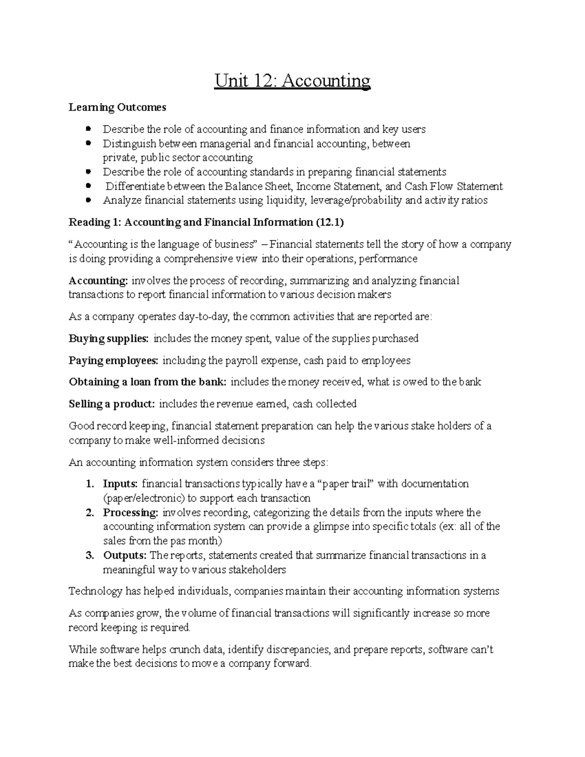 Unit 12 Accounting Notes From Readings - Unit 12: Accounting Learning ...