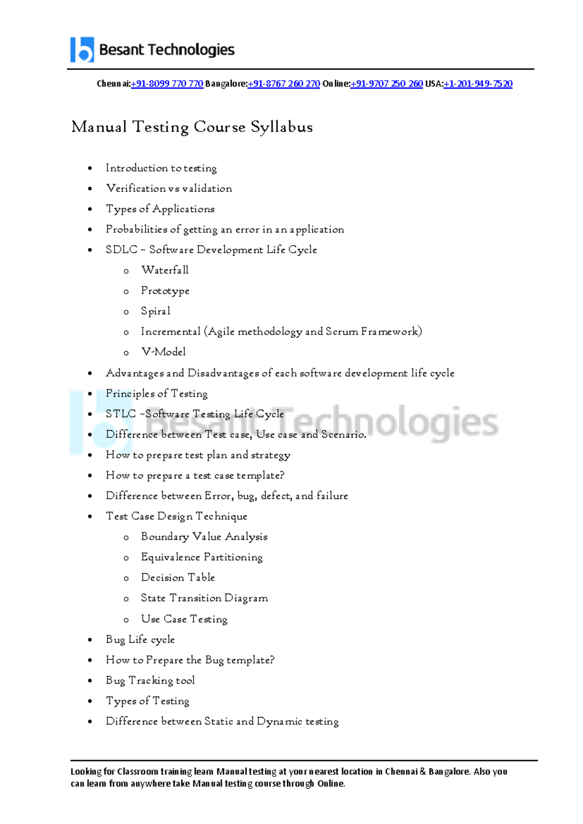Manual testing course syllabus - Chennai:+91-8099 770 770 Bangalore:+91 ...