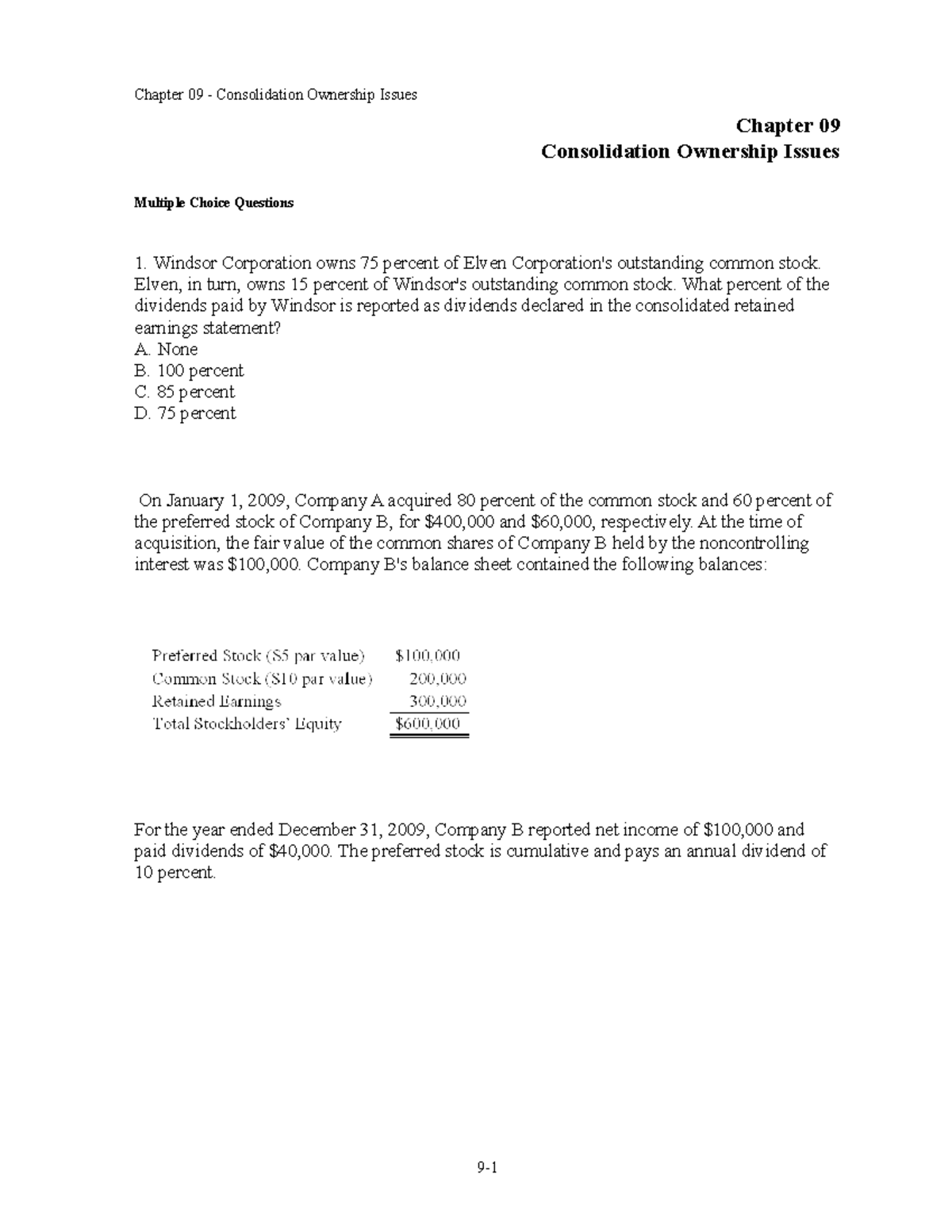 Ch 09 consolidation ownership issues - Chapter 09 Consolidation ...