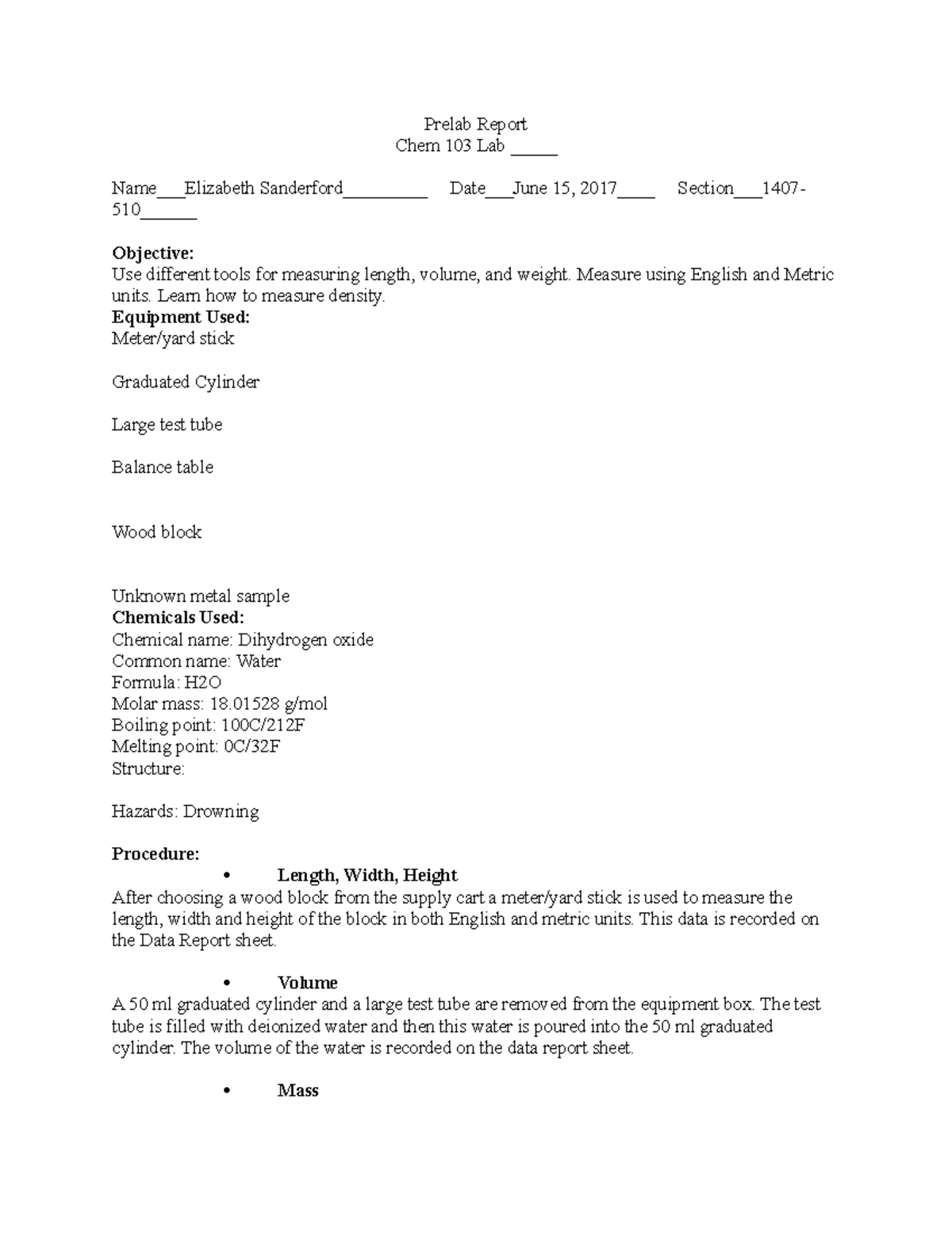 Prelab Report #1 - n/a - Prelab Report Chem 103 Lab _____ Name ...