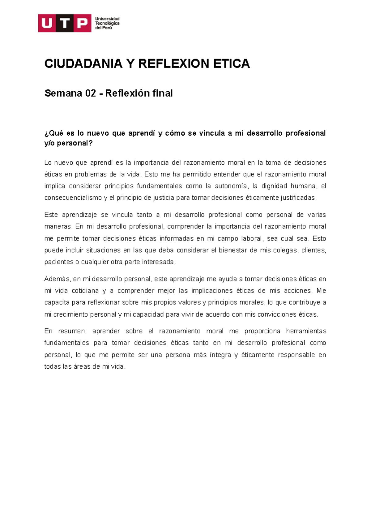 Dfzs - sddsd - CIUDADANIA Y REFLEXION ETICA Semana 02 - Reflexión final ...