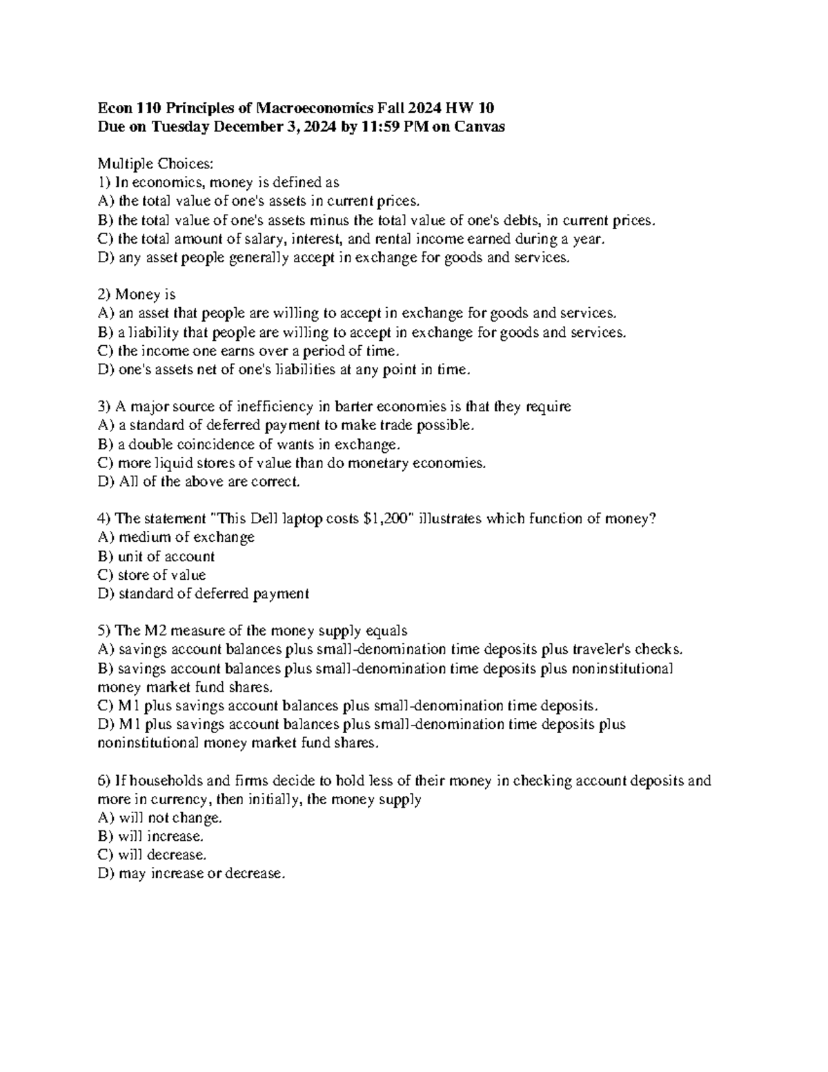 Econ 110 homework - Econ 110 Principles of Macroeconomics Fall 20 24 HW ...