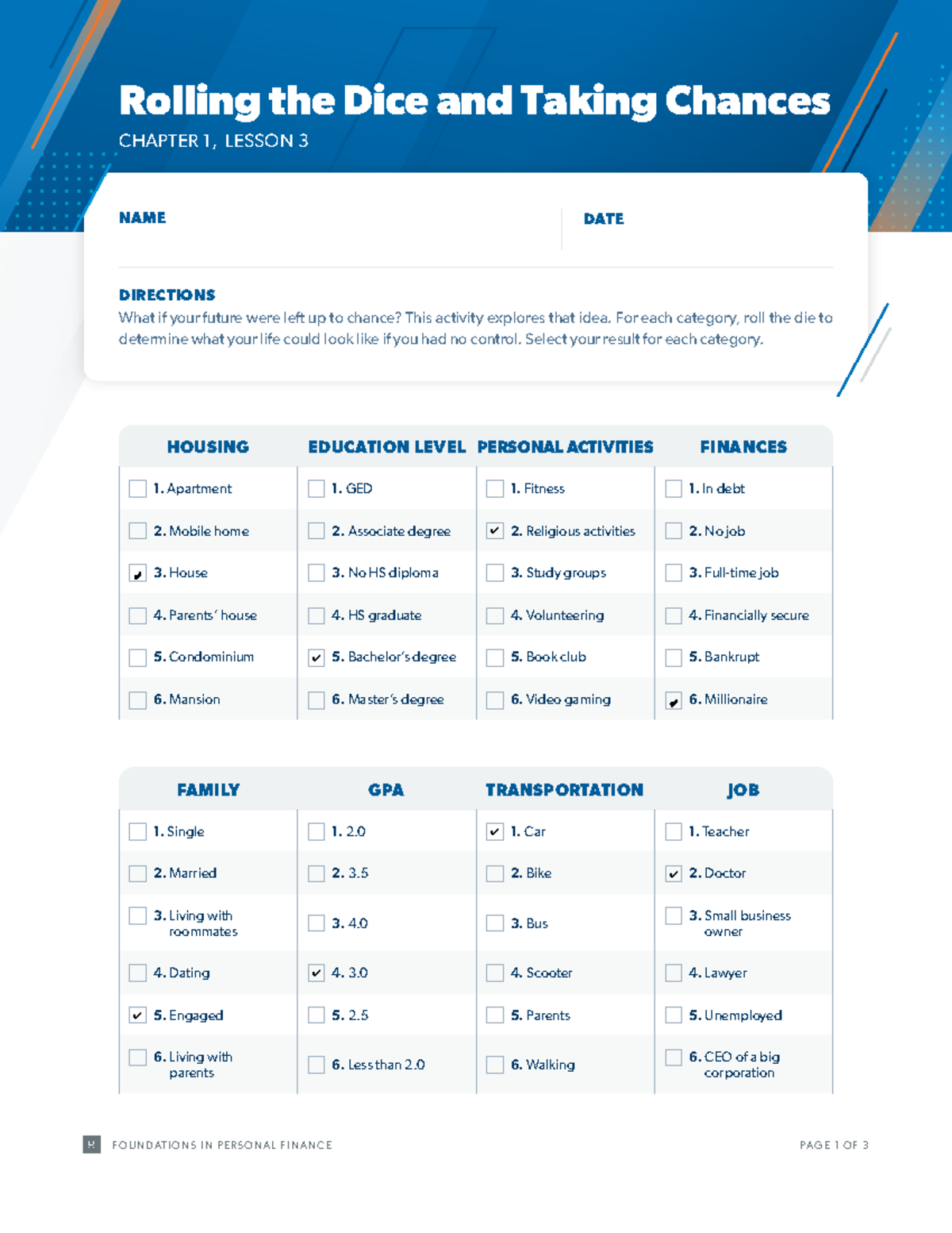 Act ch01 l03 english - Notes - PAGE 1 O F 3 Rolling the Dice and Taking ...