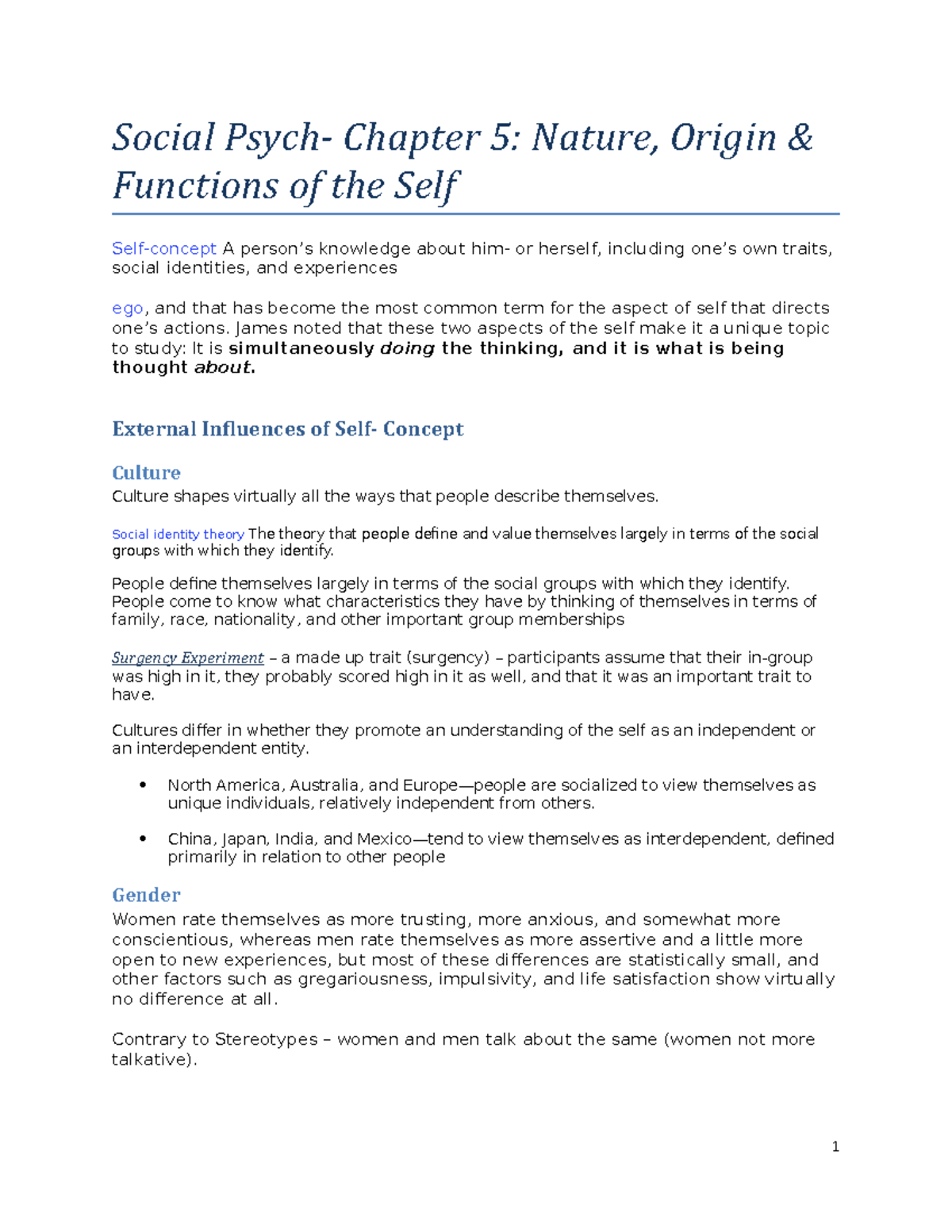 Social Psychology - chapter 5 notes - Social Psych- Chapter 5: Nature ...